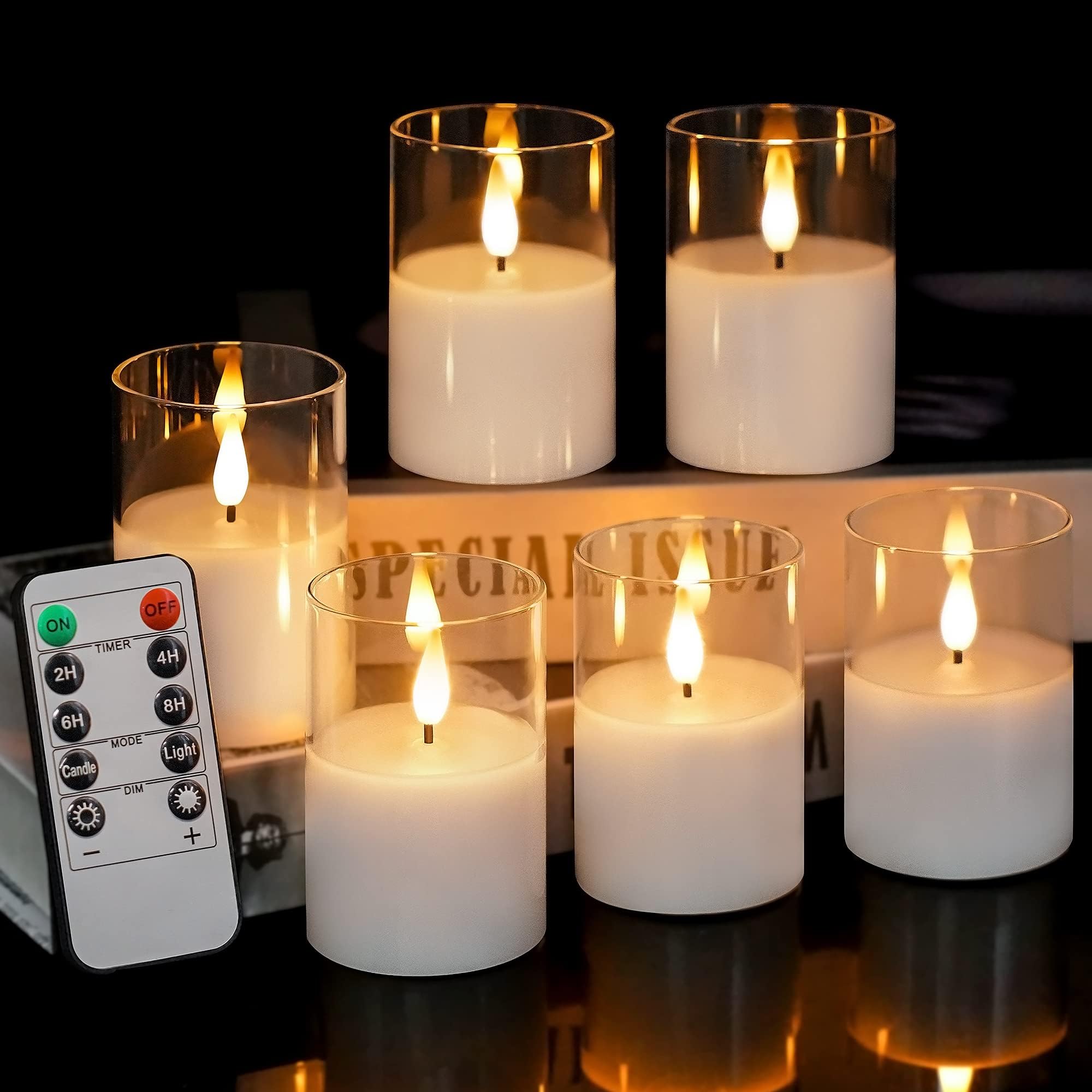 Amazon.com: VIODAIM 6Pack Glass Flameless Candles with Remote, Real Wax ...
