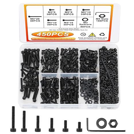 450 Pcs M3 Screws Kit, M3 Bolts and Nuts, Black Small Hex Socket Head ...