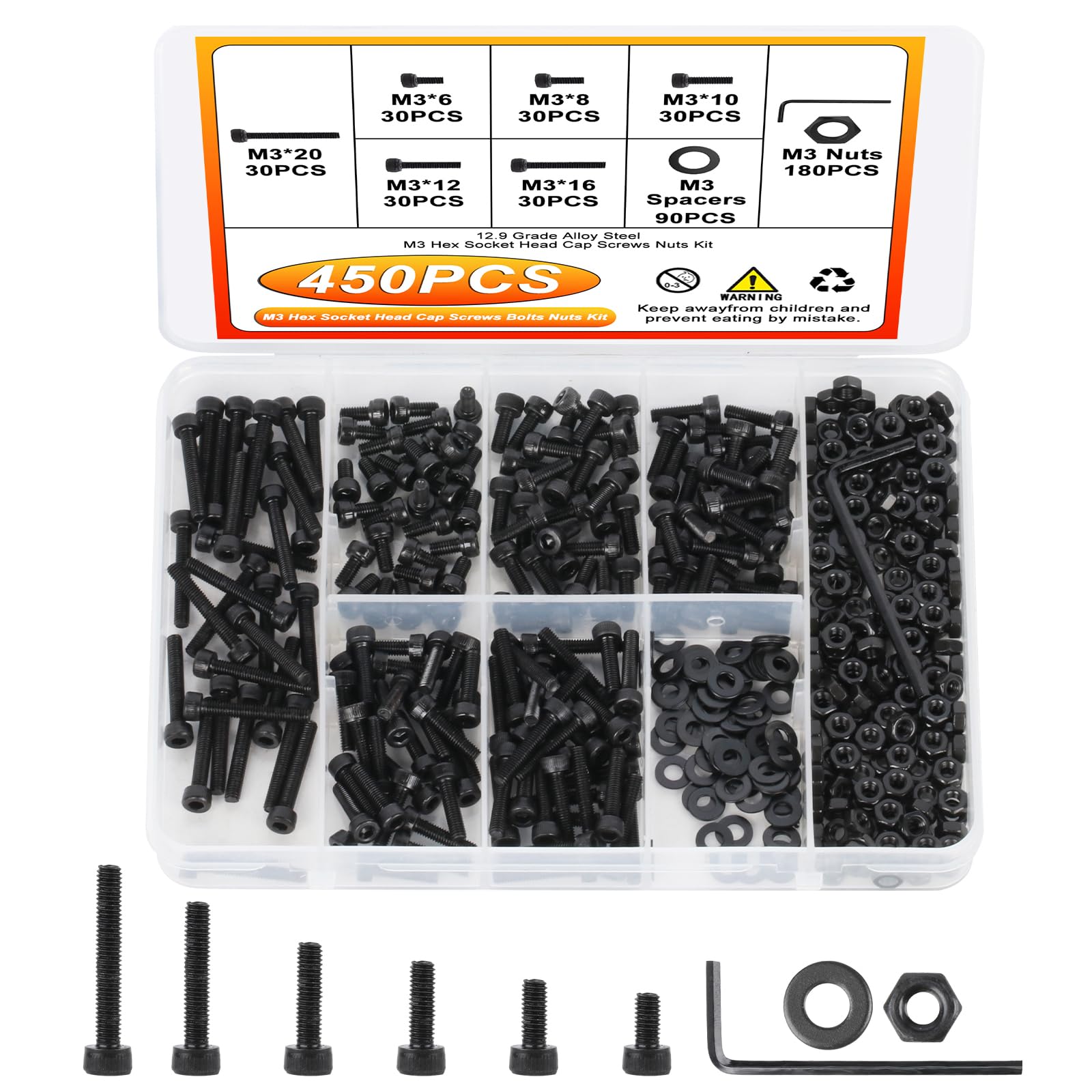 M3 Screw Kit 450 Pcs M3 Screw Assortment Kit - Hex Socket Head Cap ...