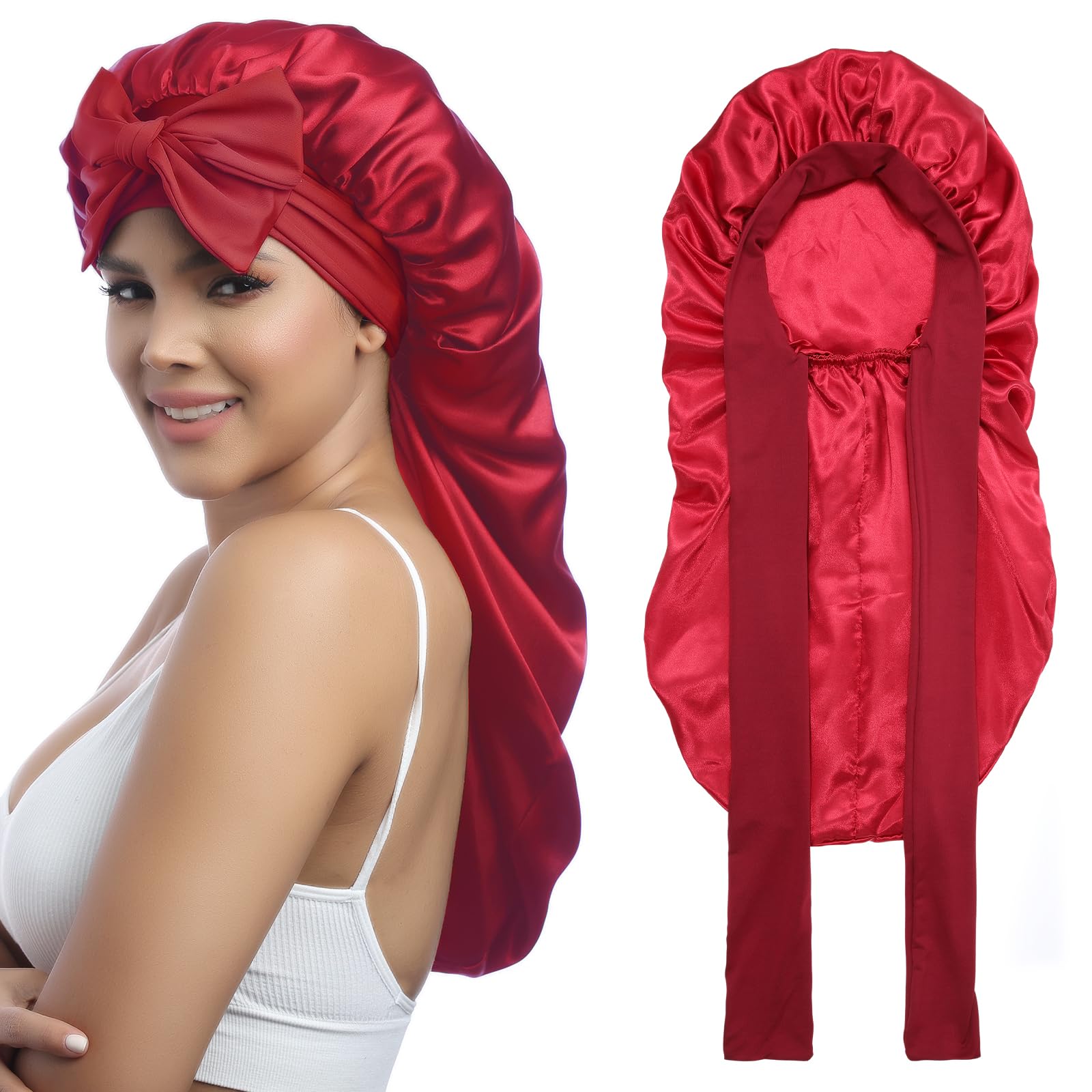 Amazon.com : AWAYTR Long Satin Bonnet for Women - Double Layer Elastic ...