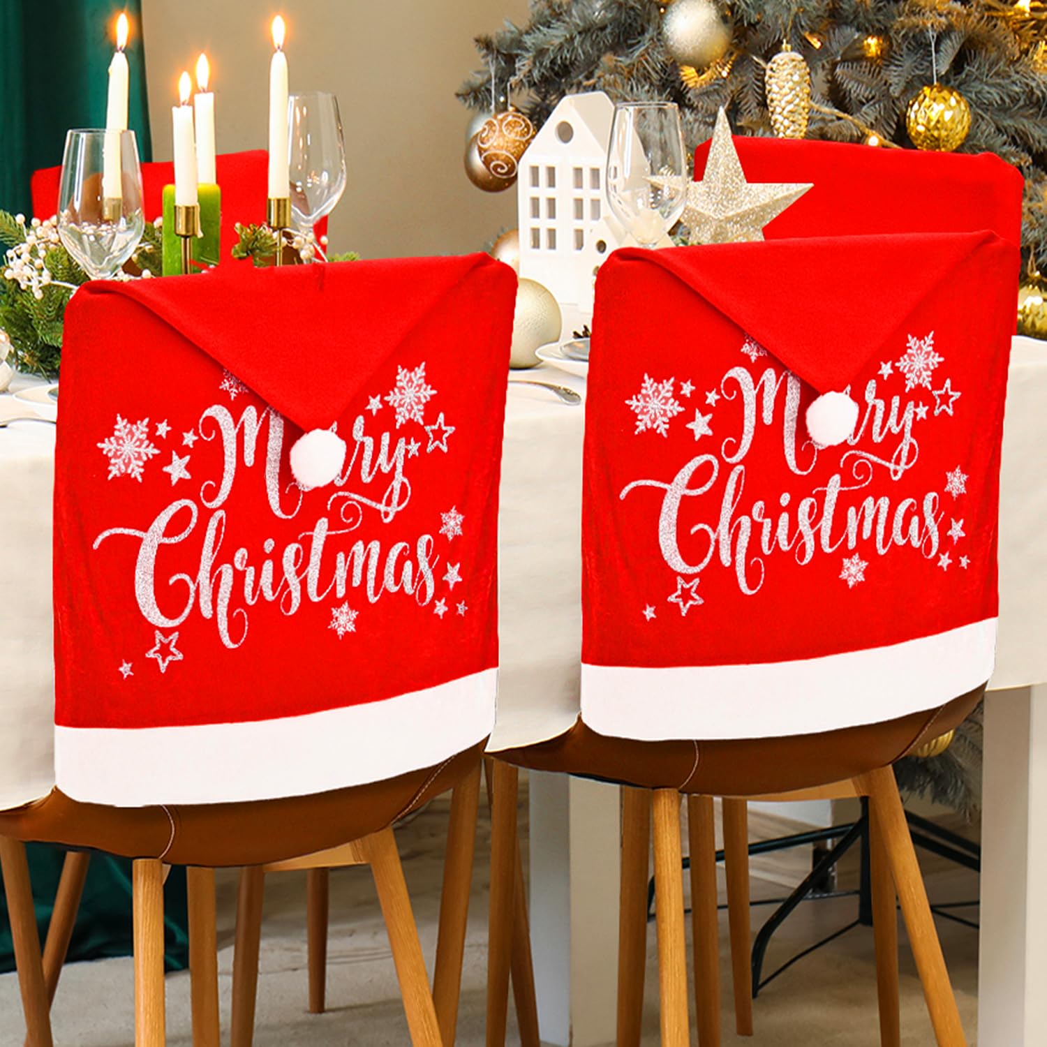 Amazon.com: CreiYuan Christmas Chair Covers Set of 6 Santa Hat, Silver ...