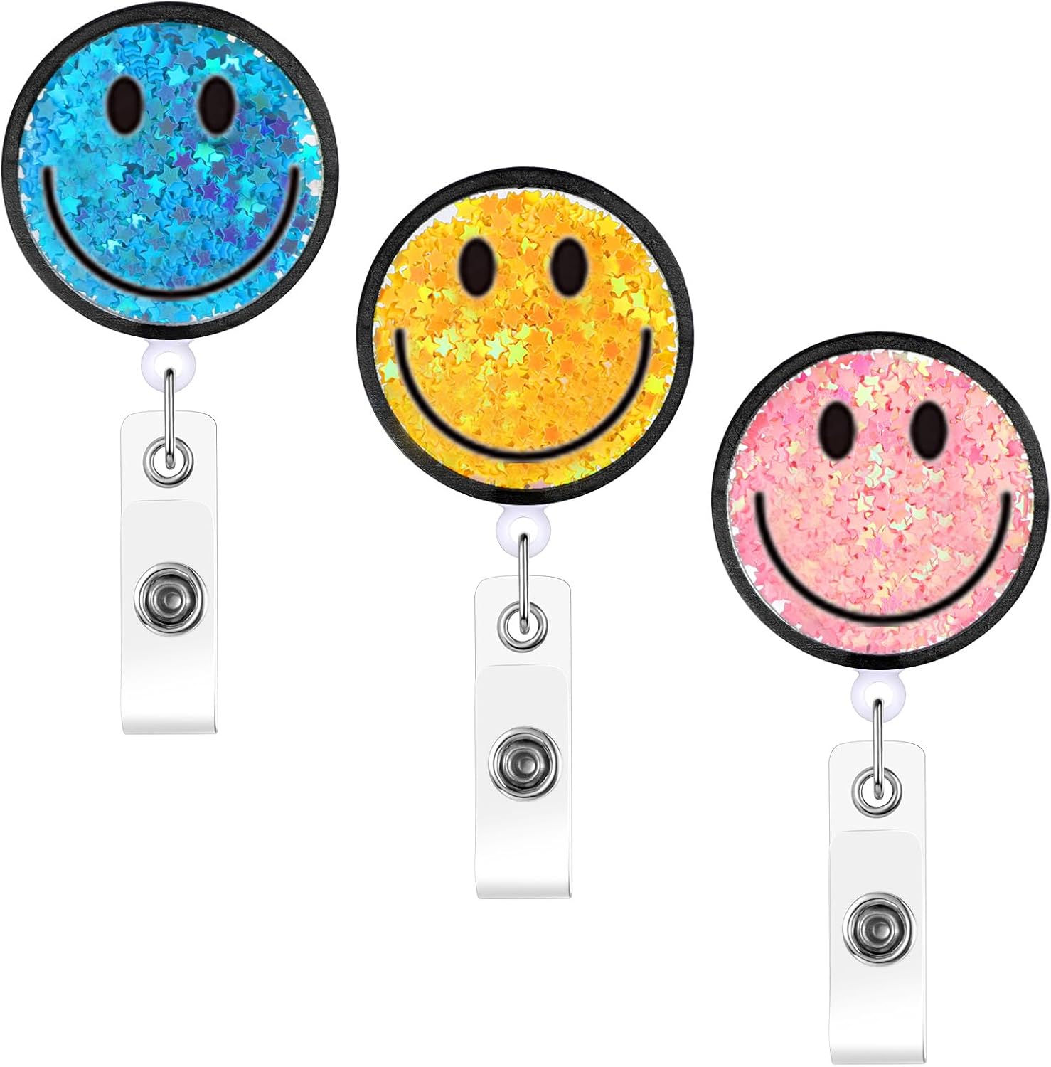 Amazon.com : 3 Pcs Badge Reel Retractable Smile Face Glitter Badge ...
