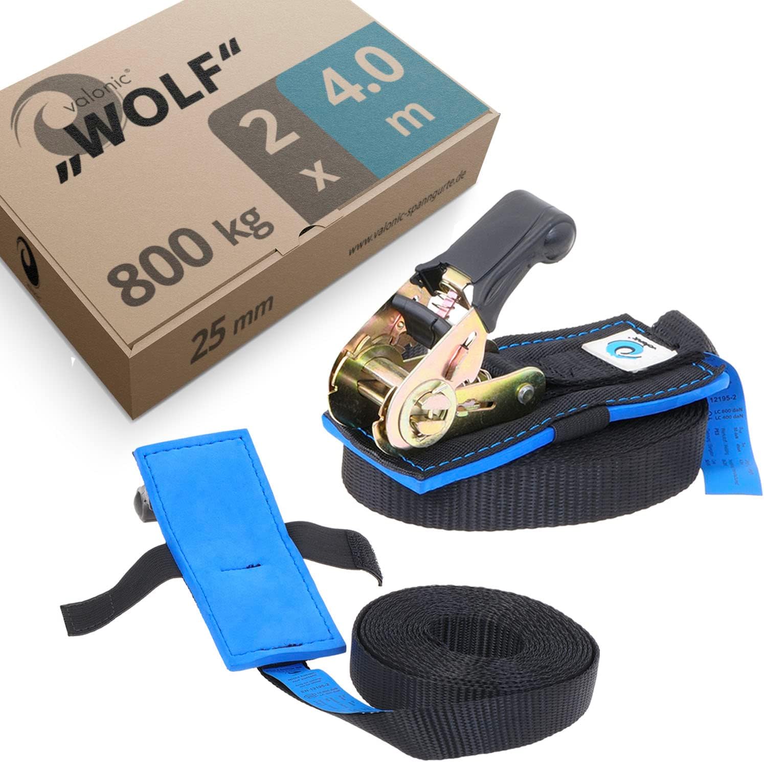valonic WOLF - ratchet tie down straps - 800 Kg, 2 pack, protection pad ...