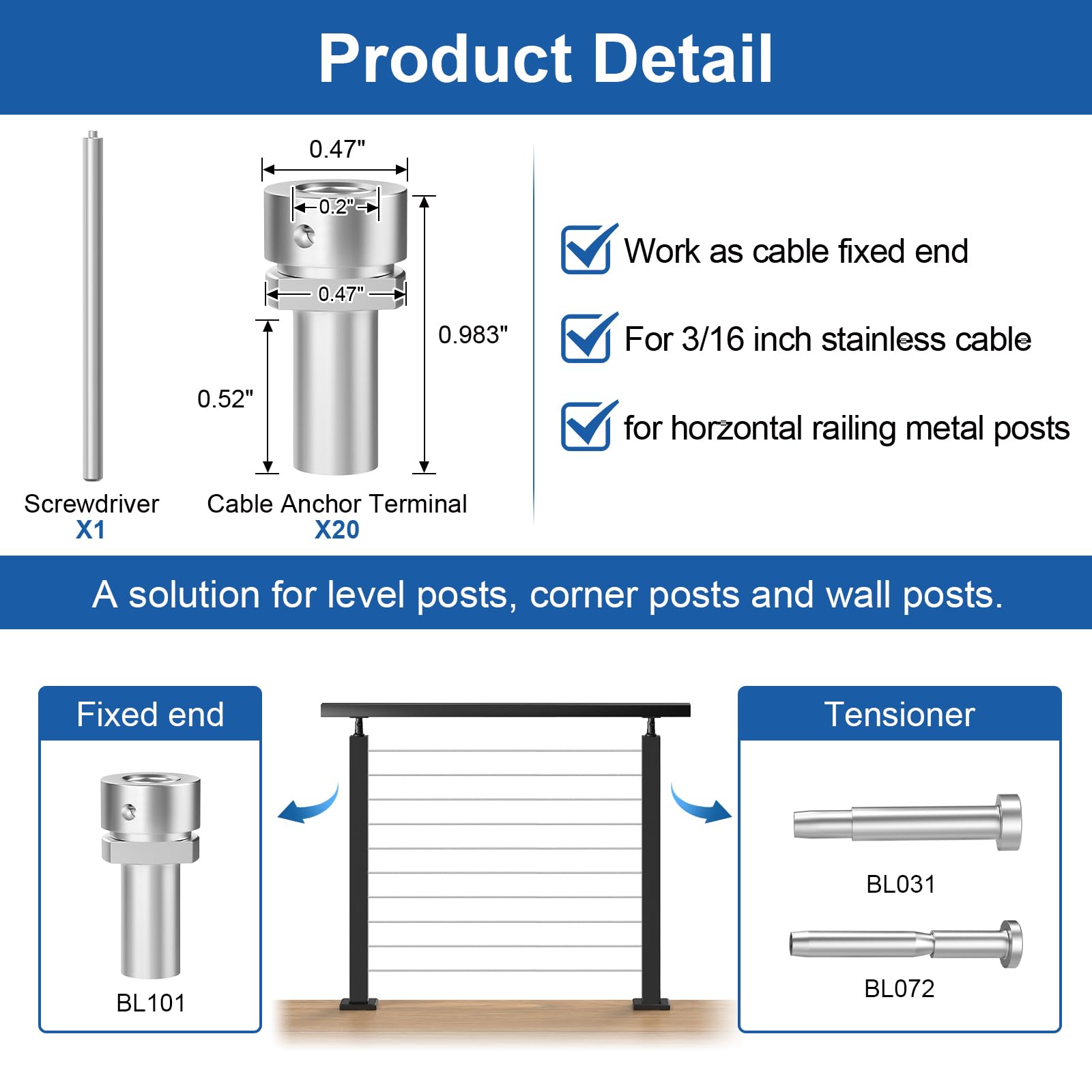 Snapklik.com : 20 Pack 3/16" Cable Railing Anchor Terminal, T316 ...