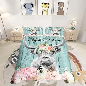 Homemissing Pink Floral Highland Cow Bedding Set Highland Cattle Duvet ...