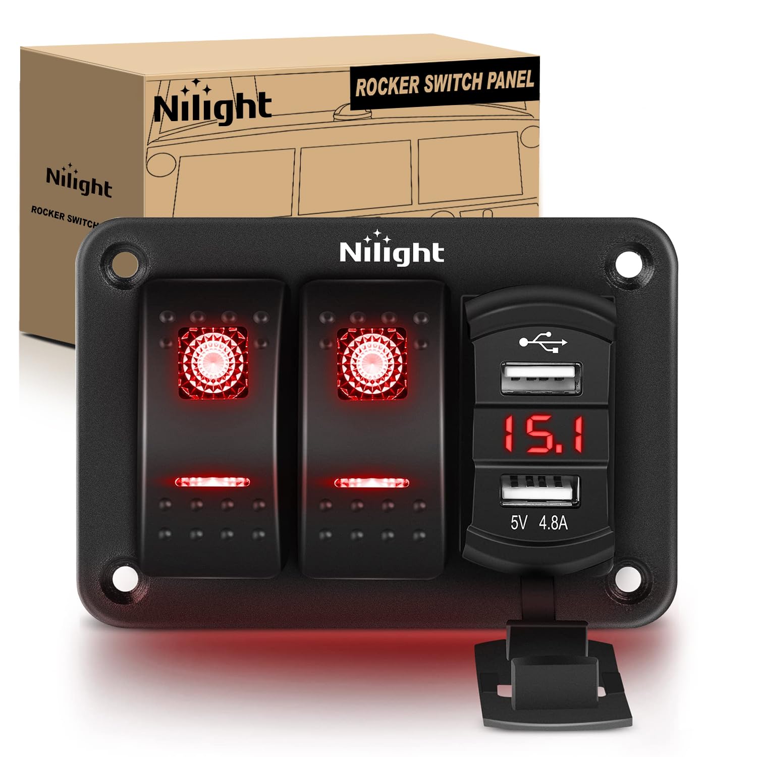 Snapklik.com : Nilight 2 Gang Rocker Switch Panel Red Backlit