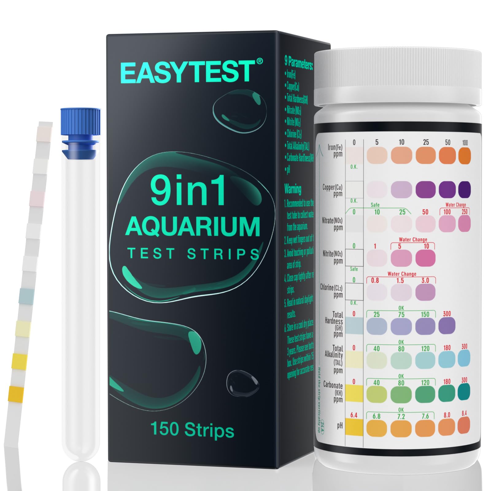 EASYTEST 9-in-1 Aquarium Test Strips - 150PCS Fish Tank Water Test Kit ...