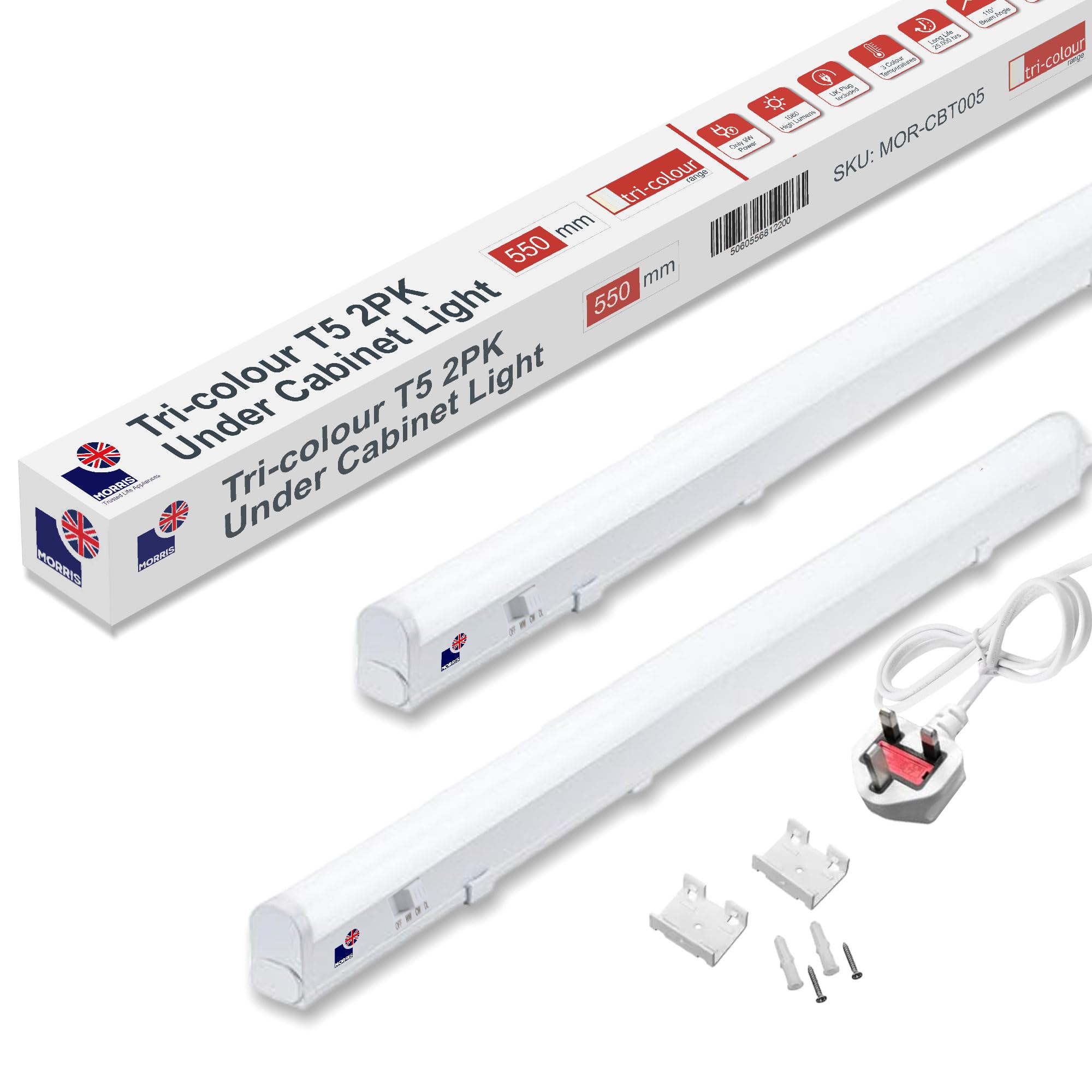 Morris LED Under Cabinet Light 550mm Pack of 2 Linkable 3 Colours in 1 ...