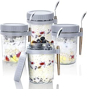 Overnight Oats Containers with Lids and Spoons, 4 Pack Overnight Oats Jars 12 oz Reusable Large ...