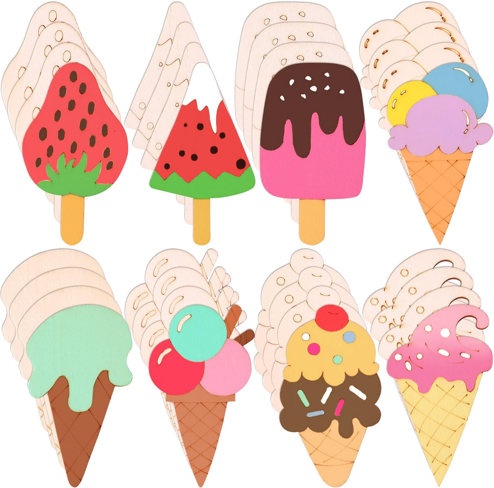 Amazon.com: 40 Pieces Wooden Ice Cream Cutouts Unfinished Summer Ice ...