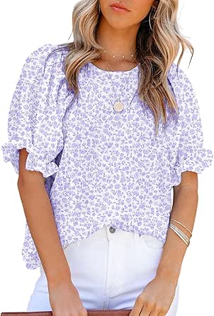 Dokotoo Womens Tops Cute Floral Print Round Neck Ruffle Smocked Puff ...