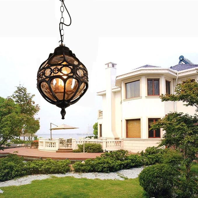Chao Zan Retro Black Outdoor Pendant Lamp - Round Hanging Light - 1xE27 ...