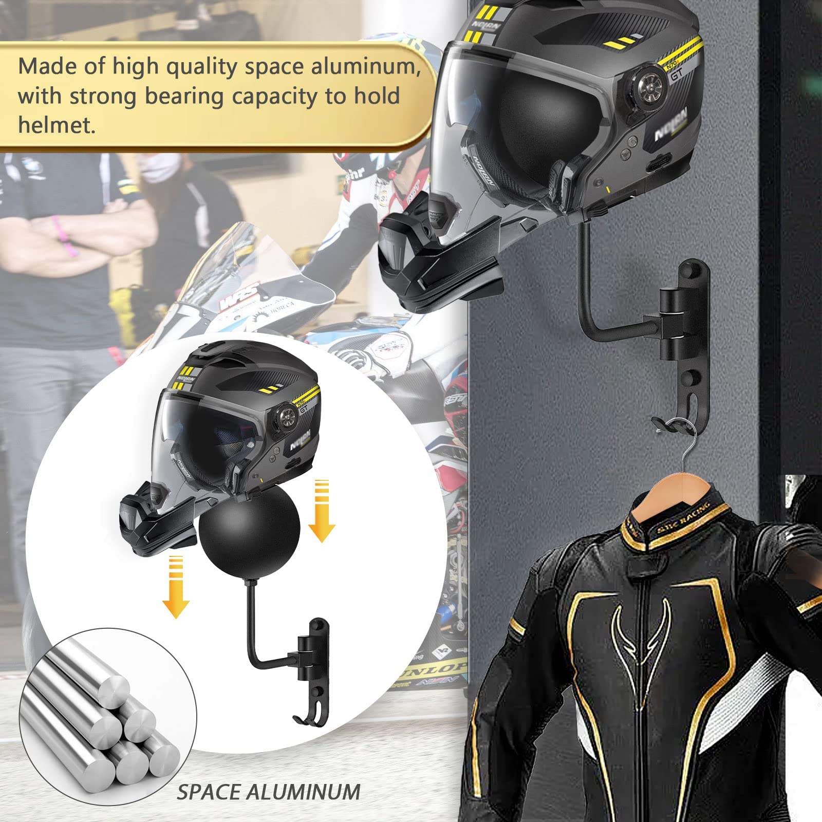 Motorcycle Helmet Rack Wall Mount 180 Degree Rotation Metal Bike Helmet ...