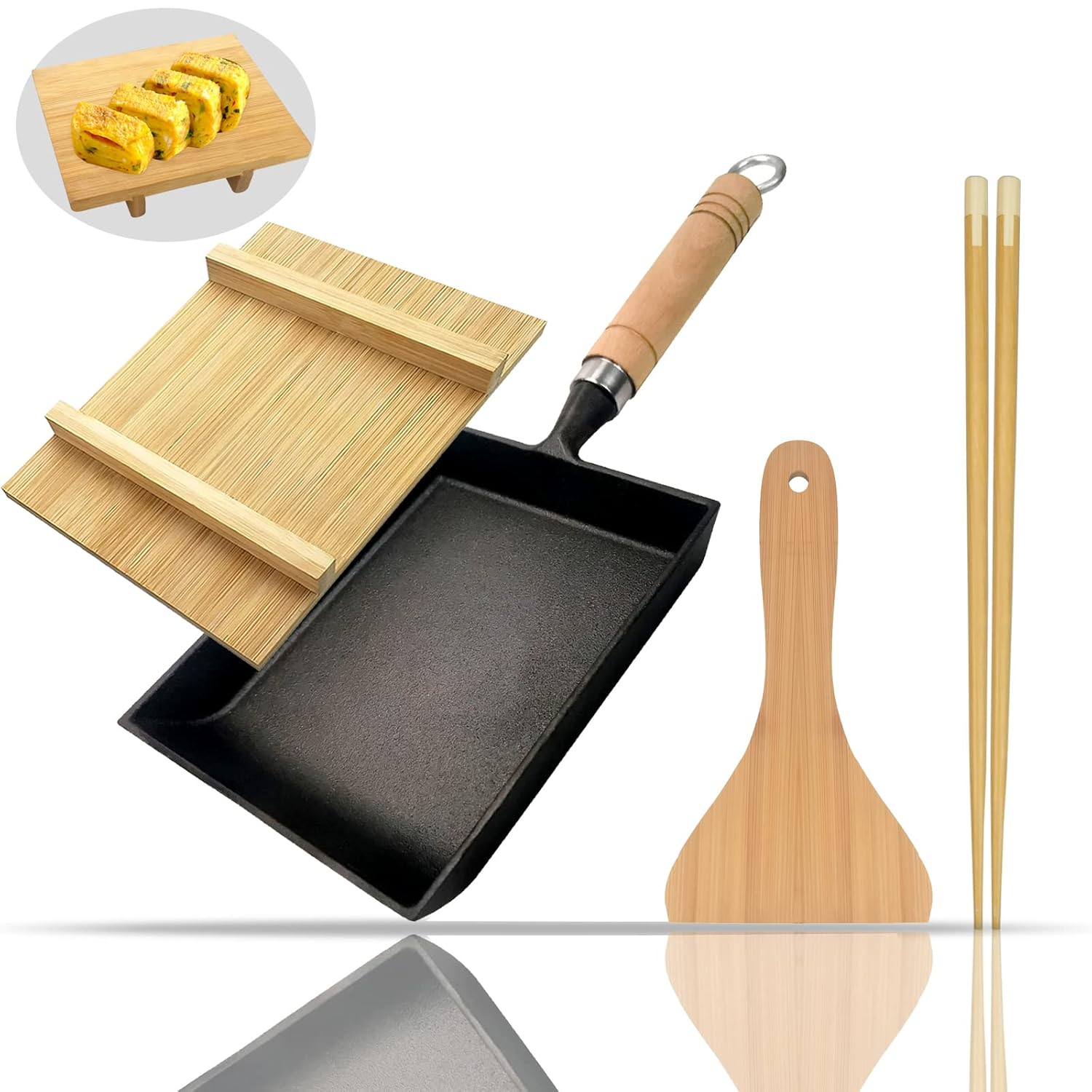 Buy Tamagoyaki Japanese Omelette Pan Cast Iron With Wooden lid, Square ...