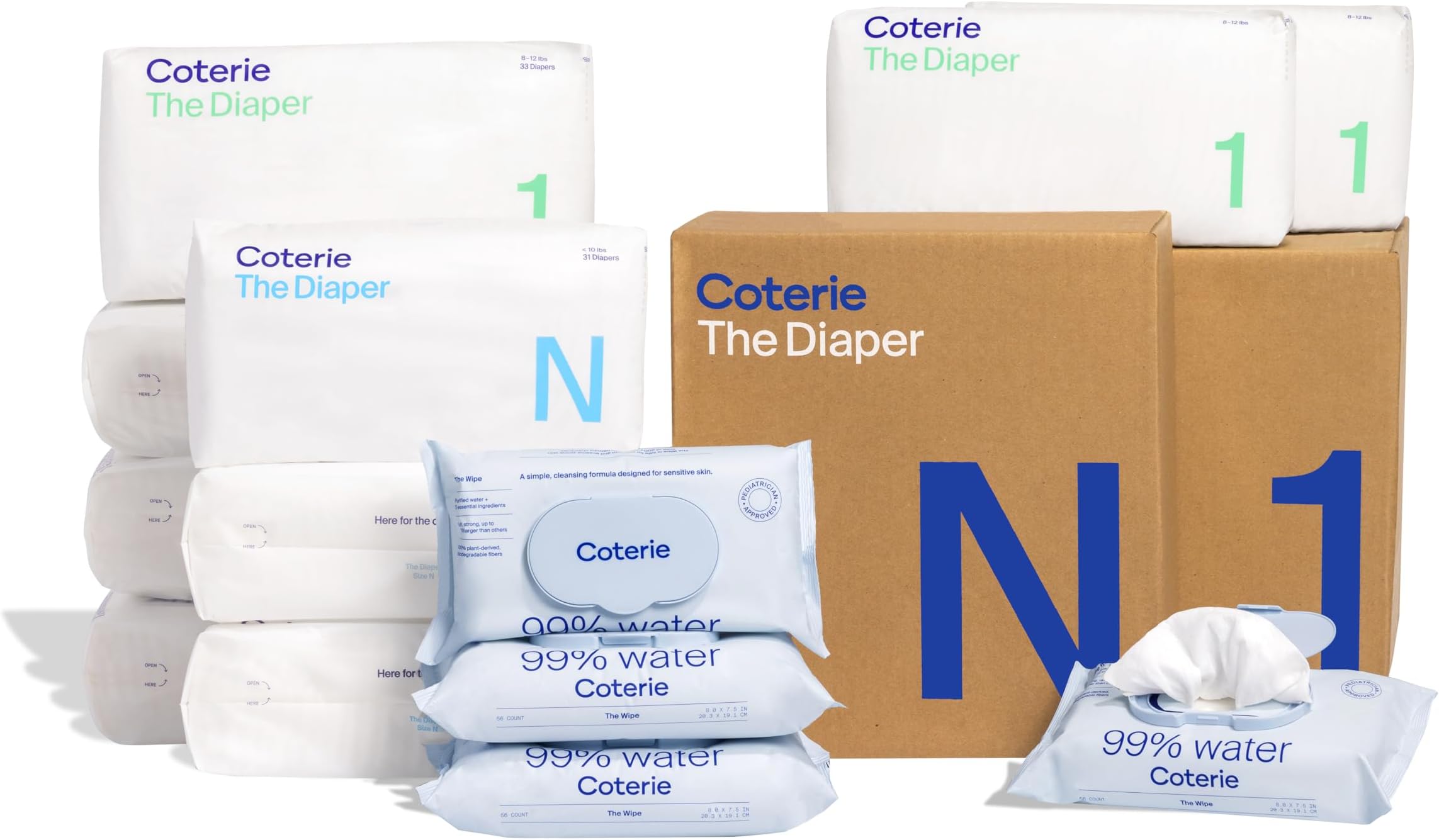 Amazon.com: Coterie Baby Wipes + Diapers Kit, Size 1 (198 Count) & Size ...