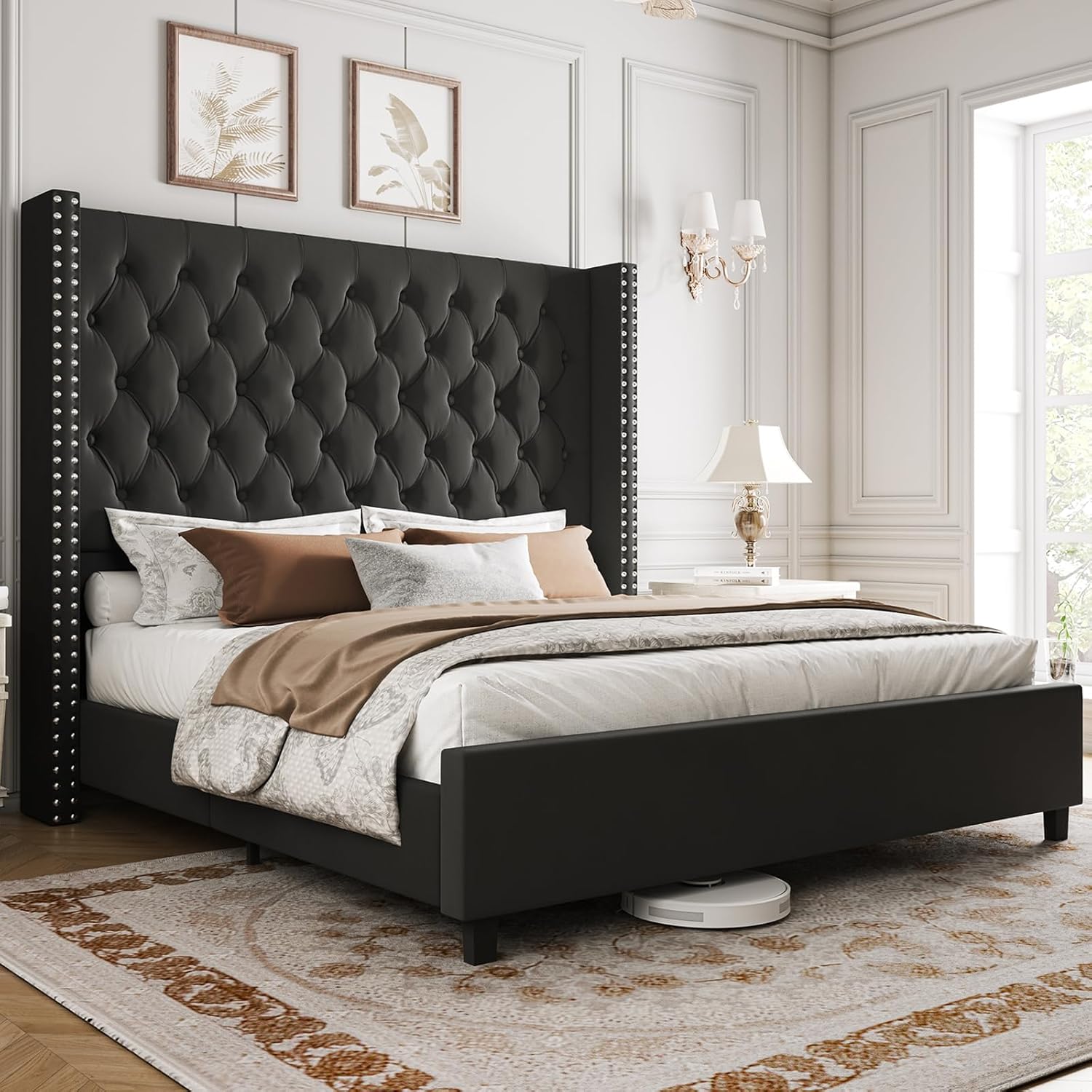 Queen Bed Frame 61.4" Tall Headboard Upholstered Velvet Platform Bed ...