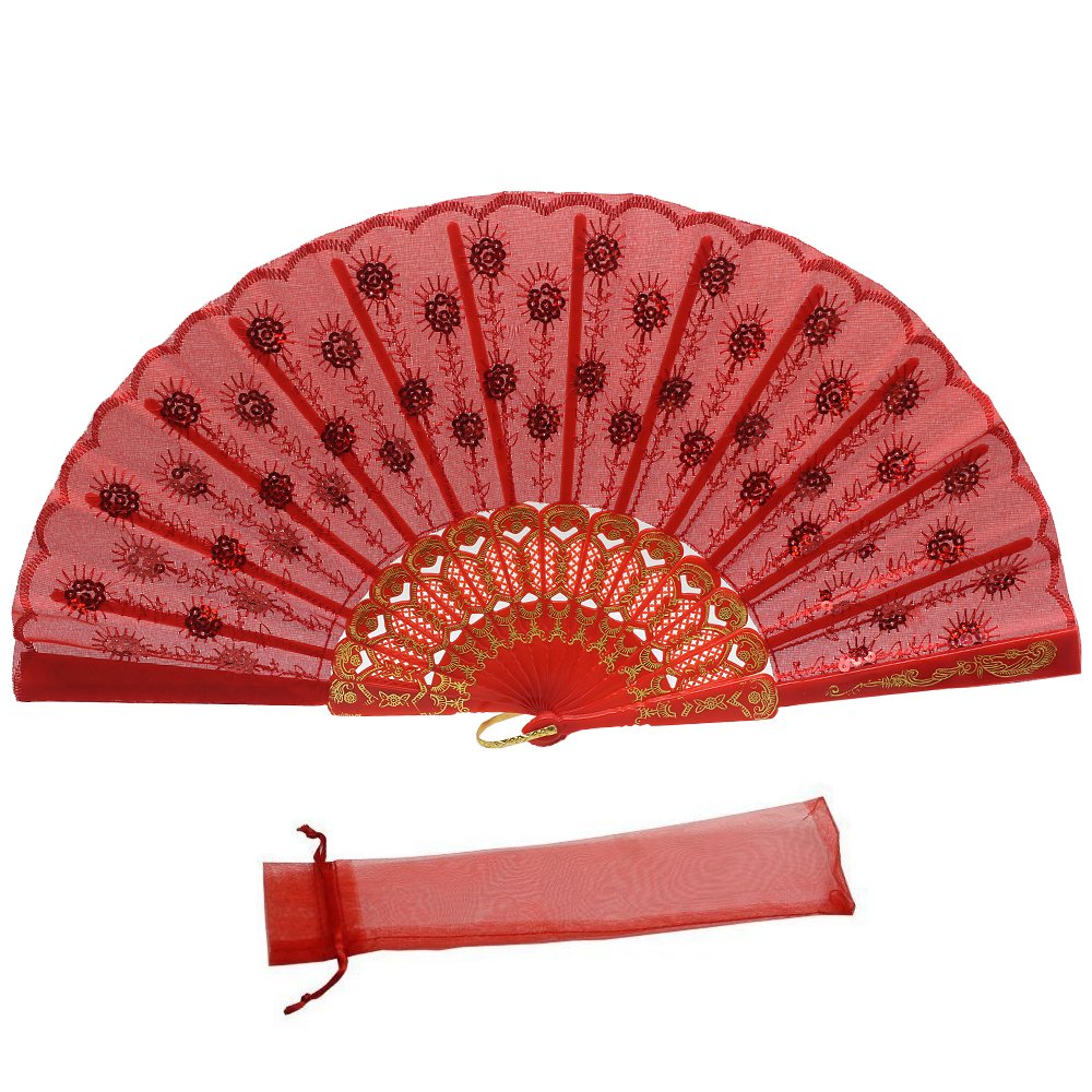 Amazon.com: Newstarfactory Women's Red sequined plastic folding fan ...