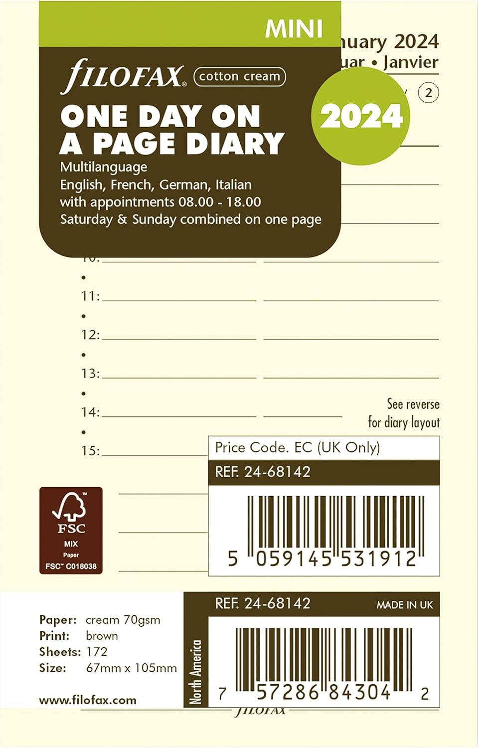 Amazon.com : Filofax Calendar Diary Refill, Mini Size, Day on One Page ...