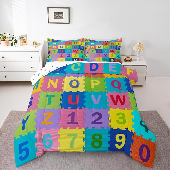 Amazon.com: Feelyou Kids Puzzle Alphabet Numbers Comforter Set Twin ...