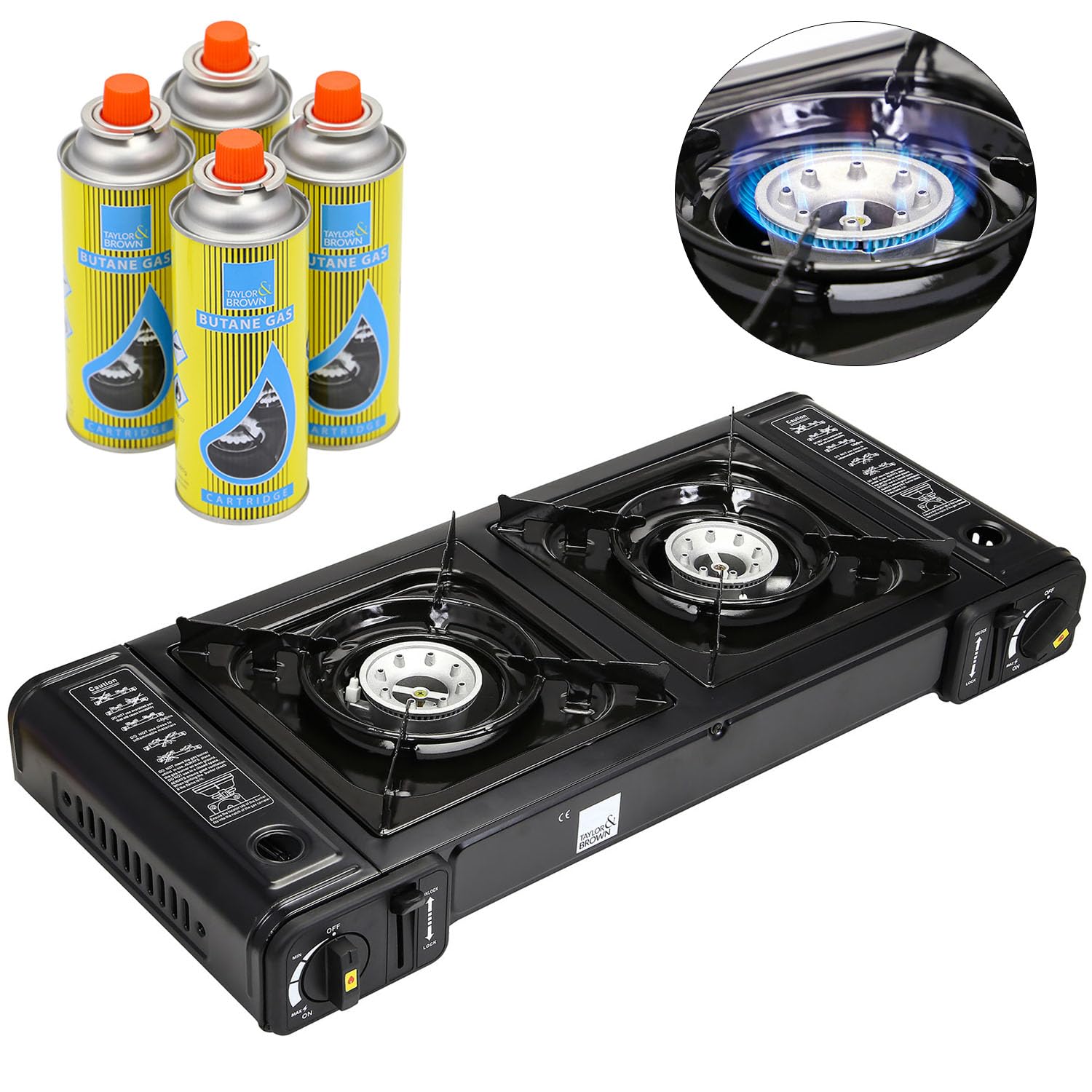Taylor & Brown Black Portable Dual Burner Camping Stove with 4 Butane ...
