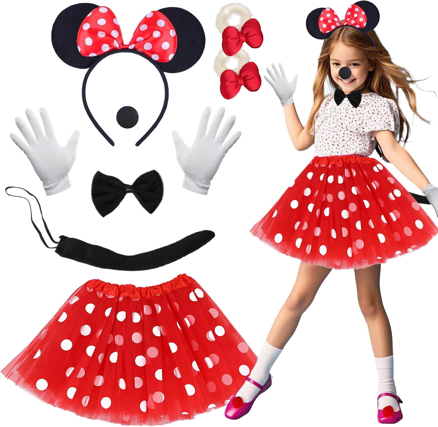 Xerteam Mouse Costume Kids, 7 Pcs Mini Mouse Outfit Girls, Red Tutu ...