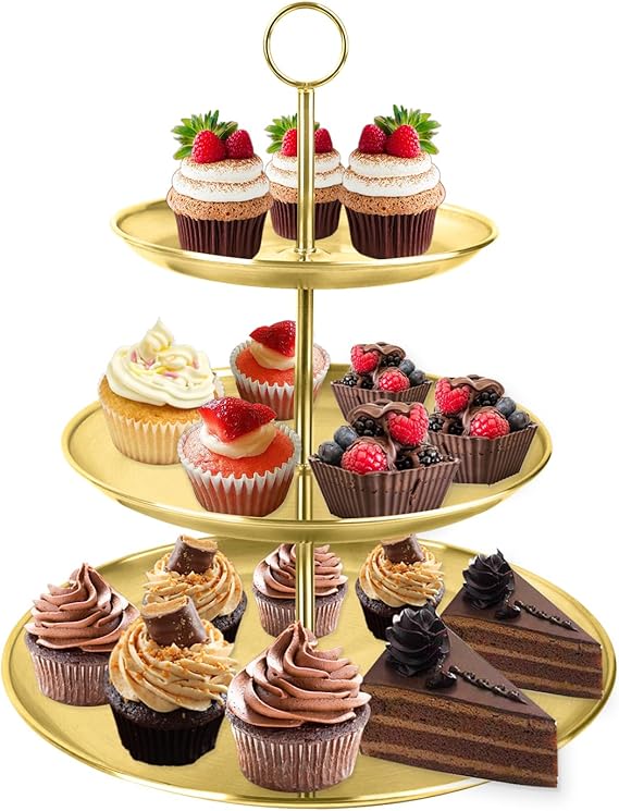 Amazon.com: LIAISIMI 3 Tier Gold Cupcake Stand Stainless Steel Dessert ...