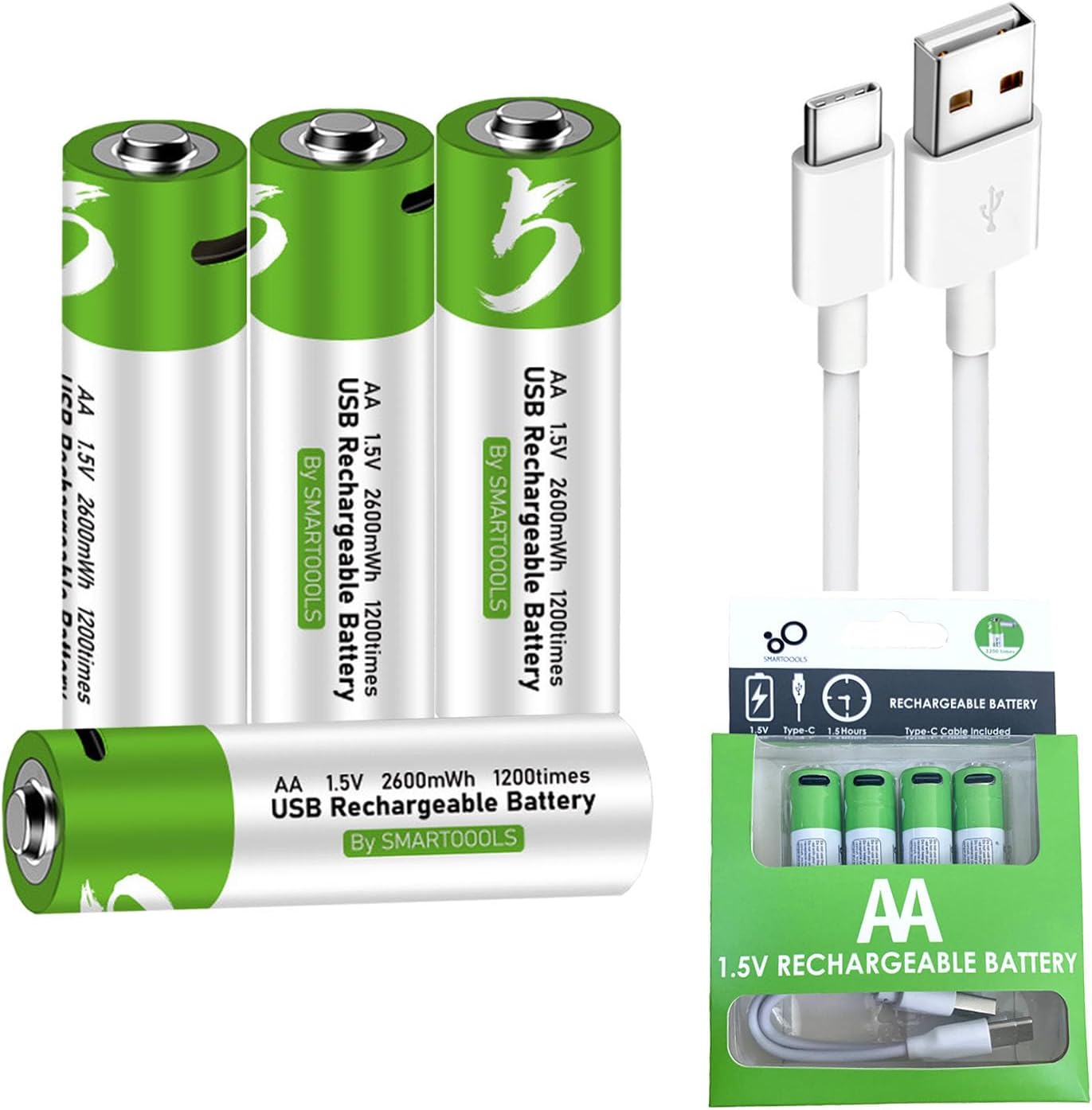 USB AA Lithium ion Rechargeable Battery, 1.5V 2600mWh Rechargeable AA ...