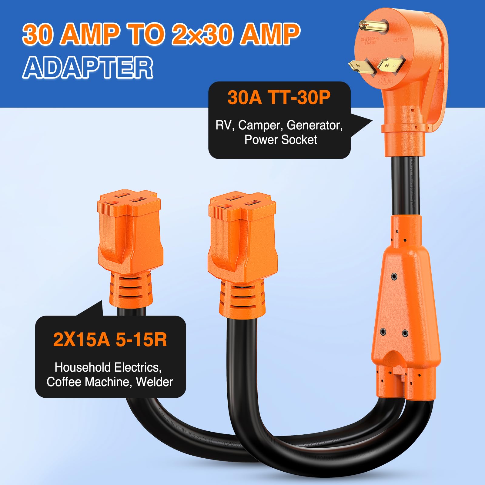 Snapklik.com : 30 Amp To 15 Amp RV Y Splitter Adapter Cord 30A Male ...
