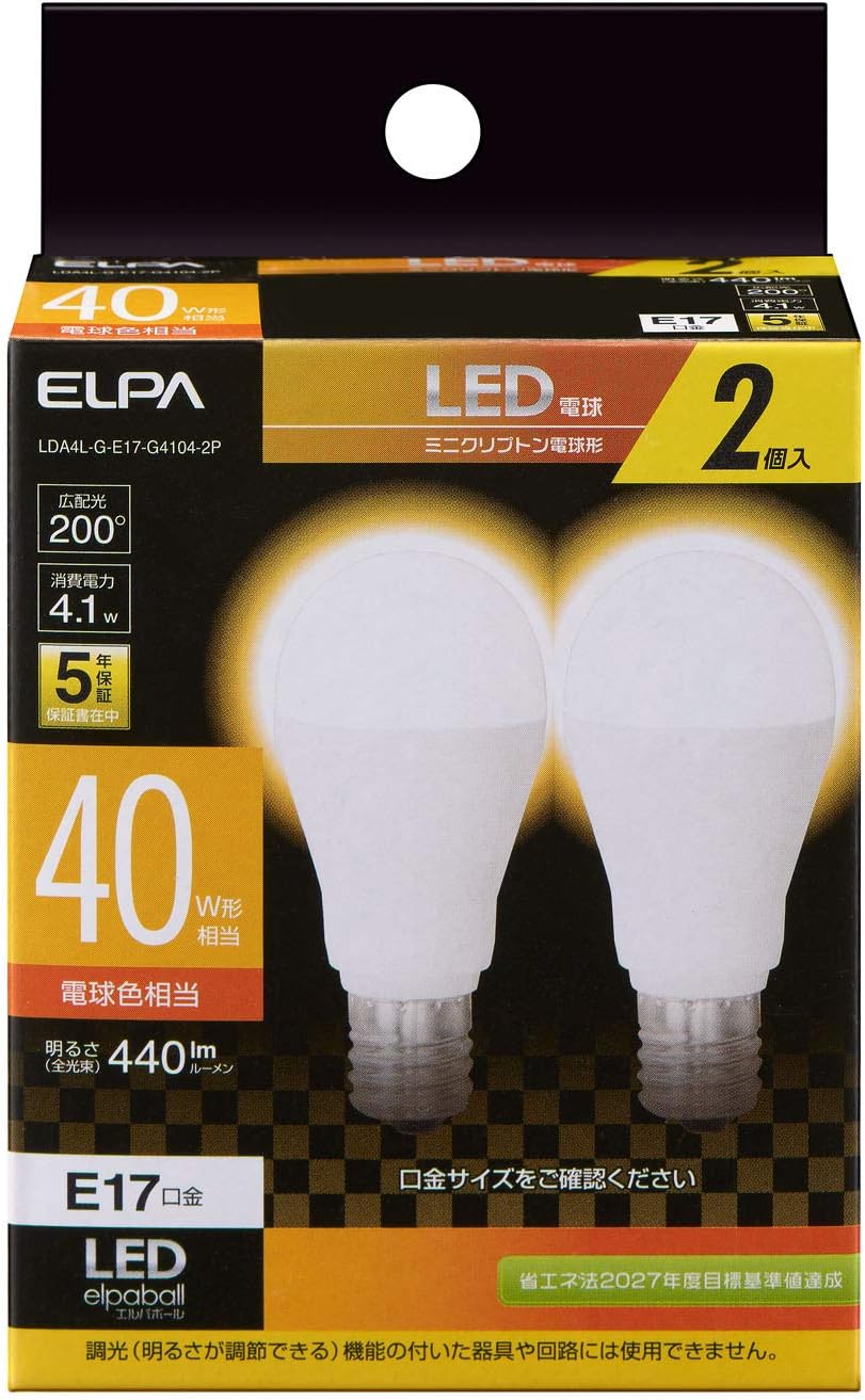 Amazon.co.jp : エルパ (ELPA) LED電球ミニクリプトン形 E17 電球色相当 屋内用 LDA2L-G-E17-G4102 : ホーム＆キッチン