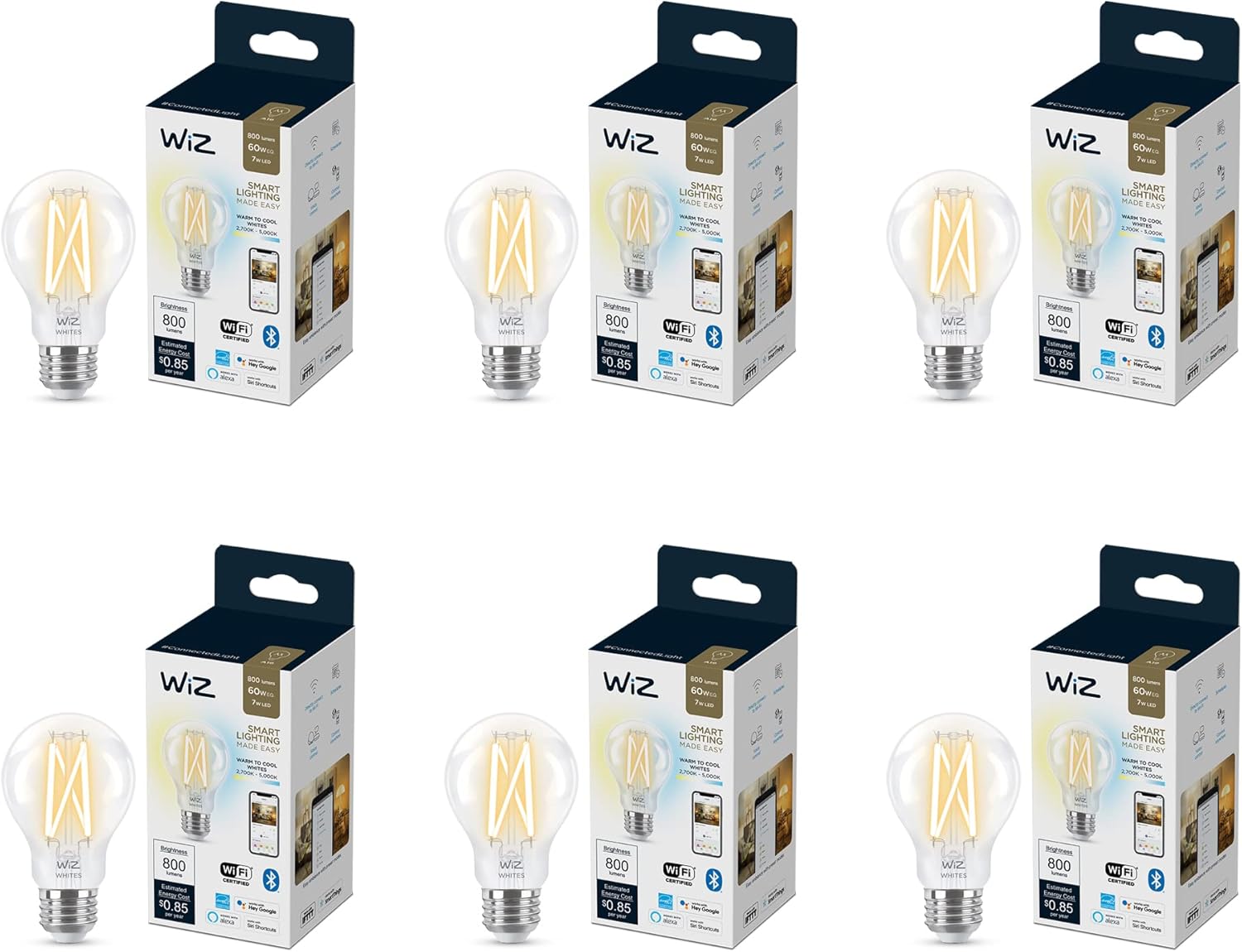 WiZ Connected Tunable White 60W A19 Clear Filament LED Lamp, 2700K ...