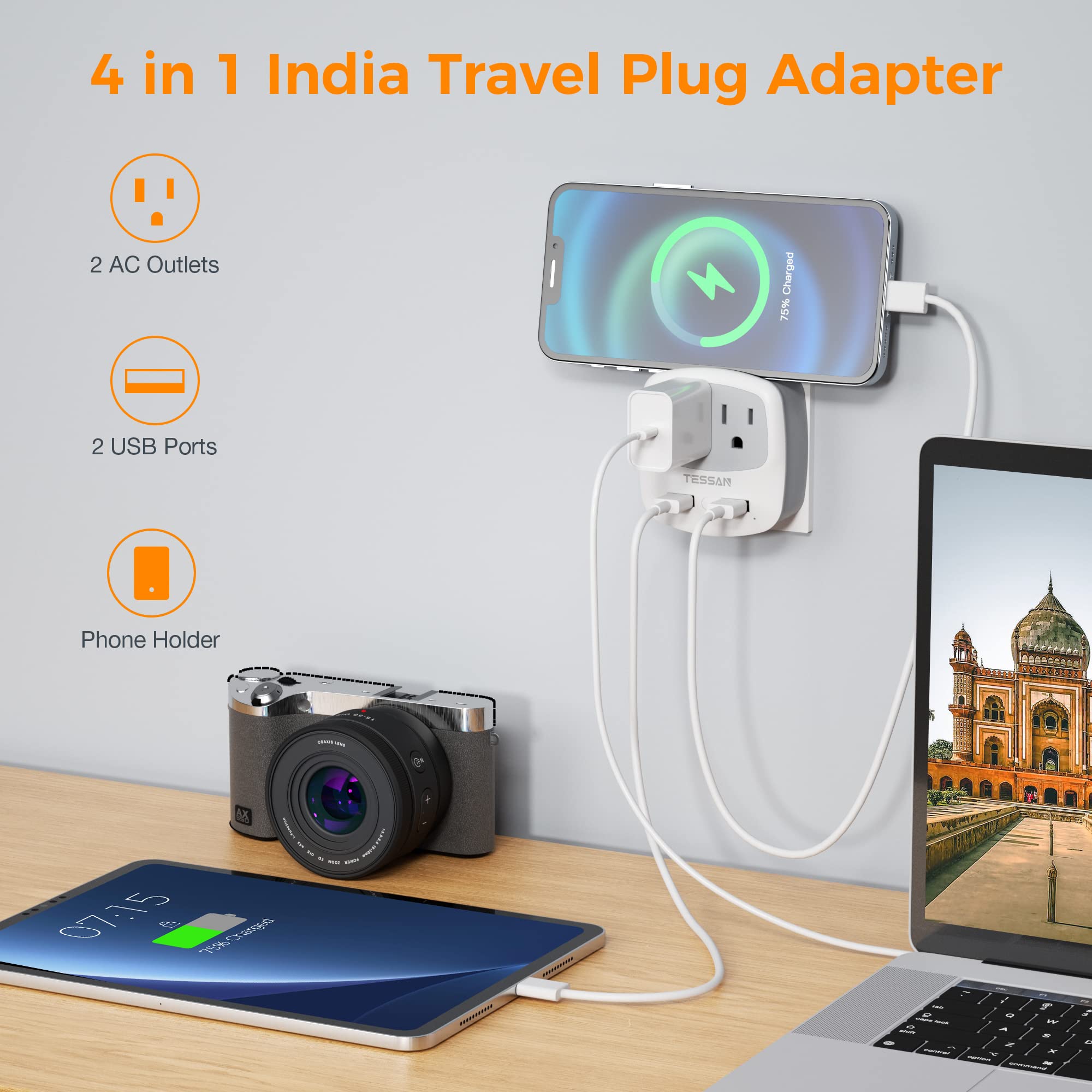 Snapklik.com : TESSAN US To India Plug Adapter, Type D Travel Adaptor