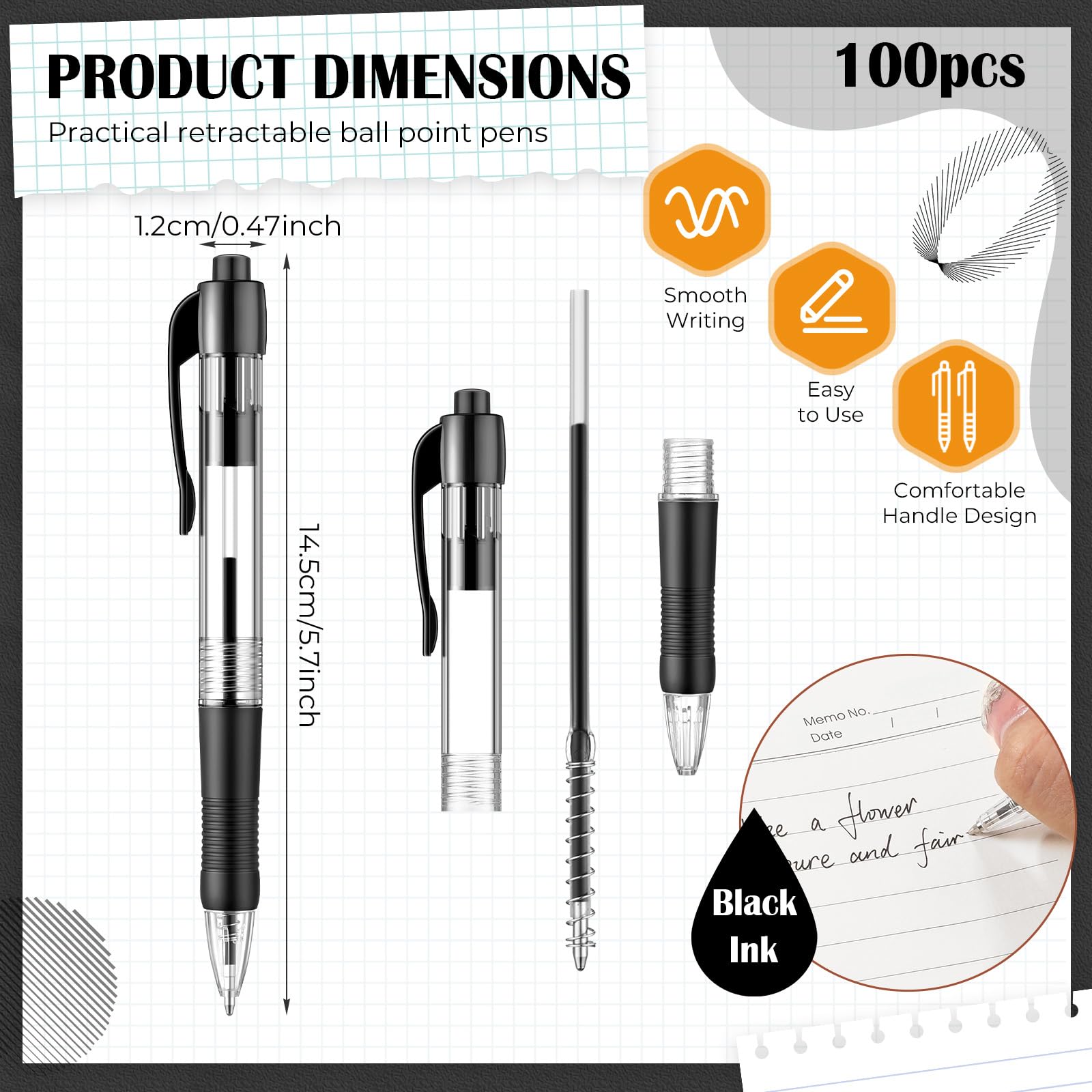 Fulmoon 100 Pcs Ink Pens Gel Pens Retractable Ballpoint Pens Medium ...