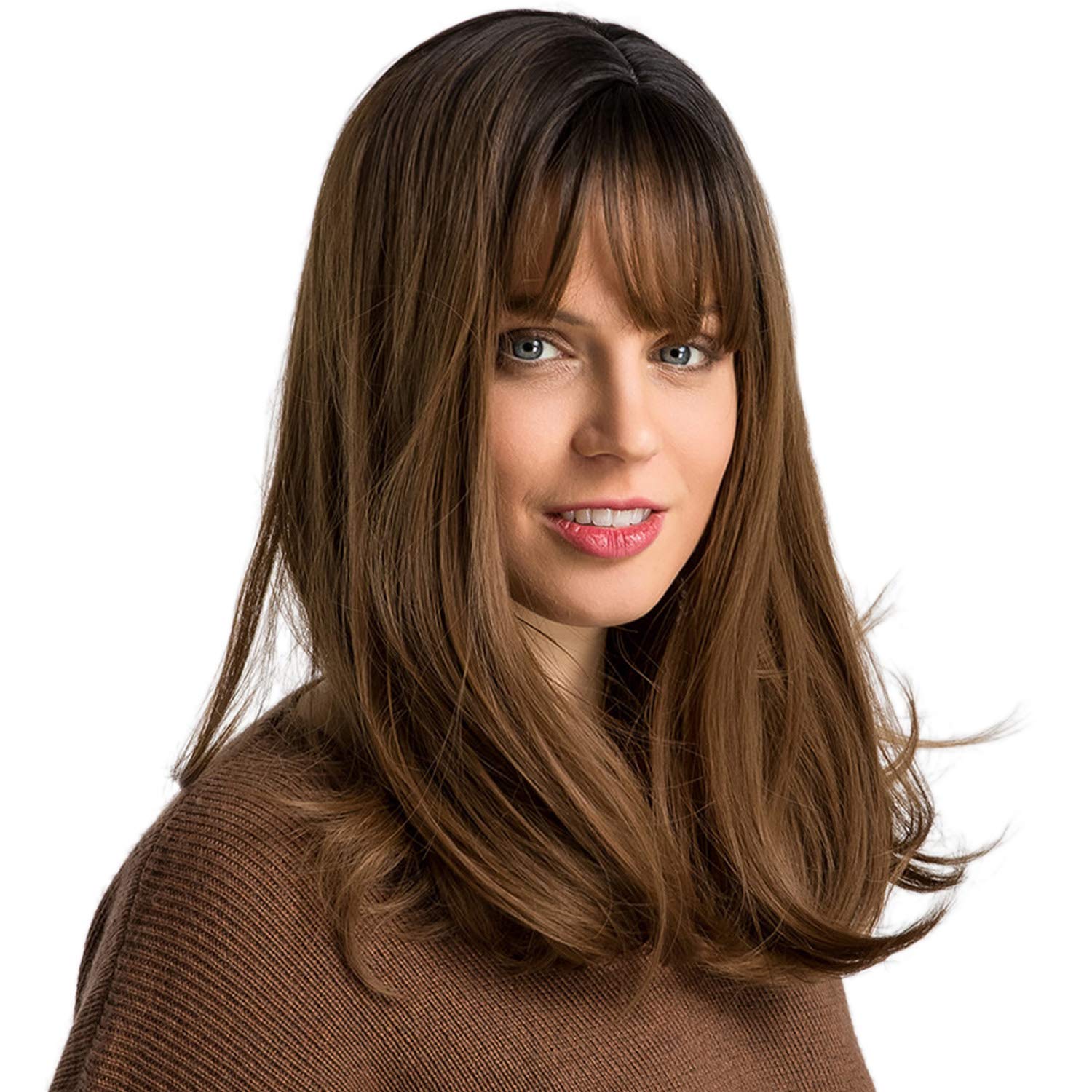 Amazon.com : TopWigy Ombre Brunette Wig with Bangs Natural Headline ...