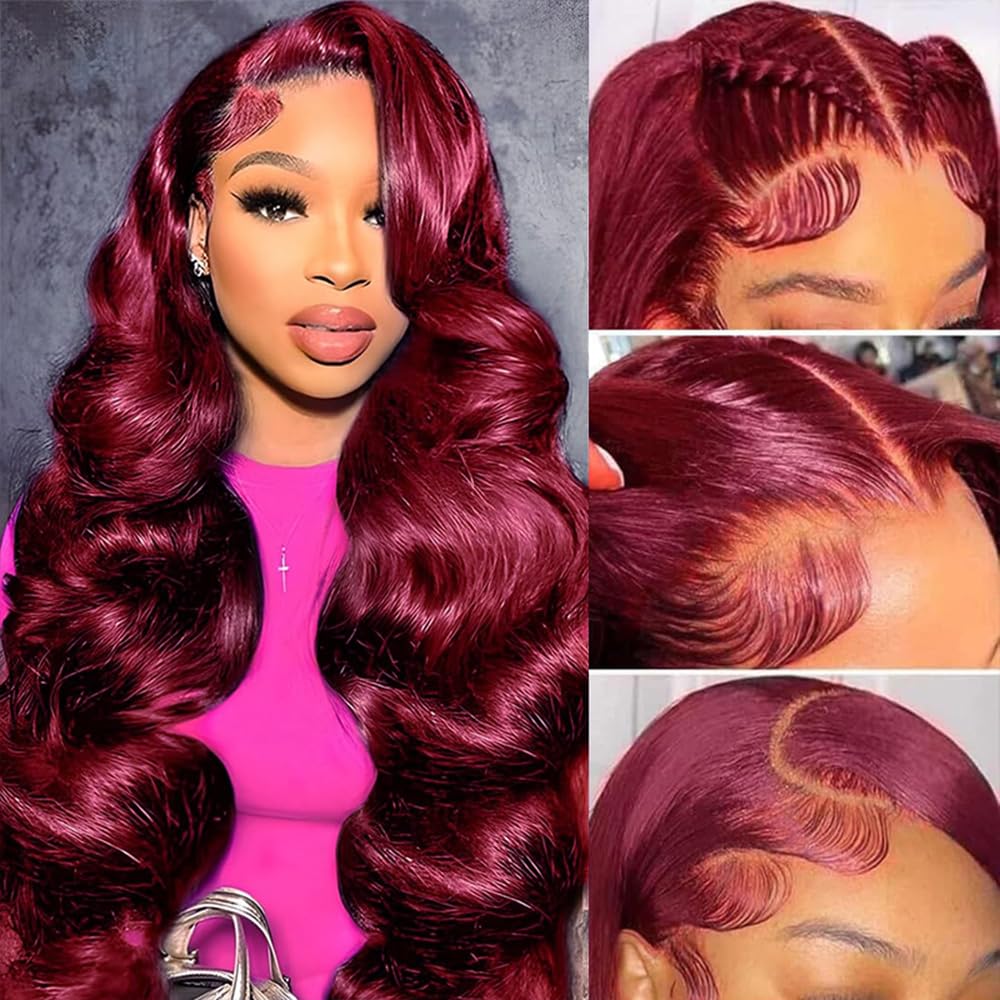Amazon.com : 99j Burgundy Lace Front Wig Human Hair 250% Density 13x6 ...
