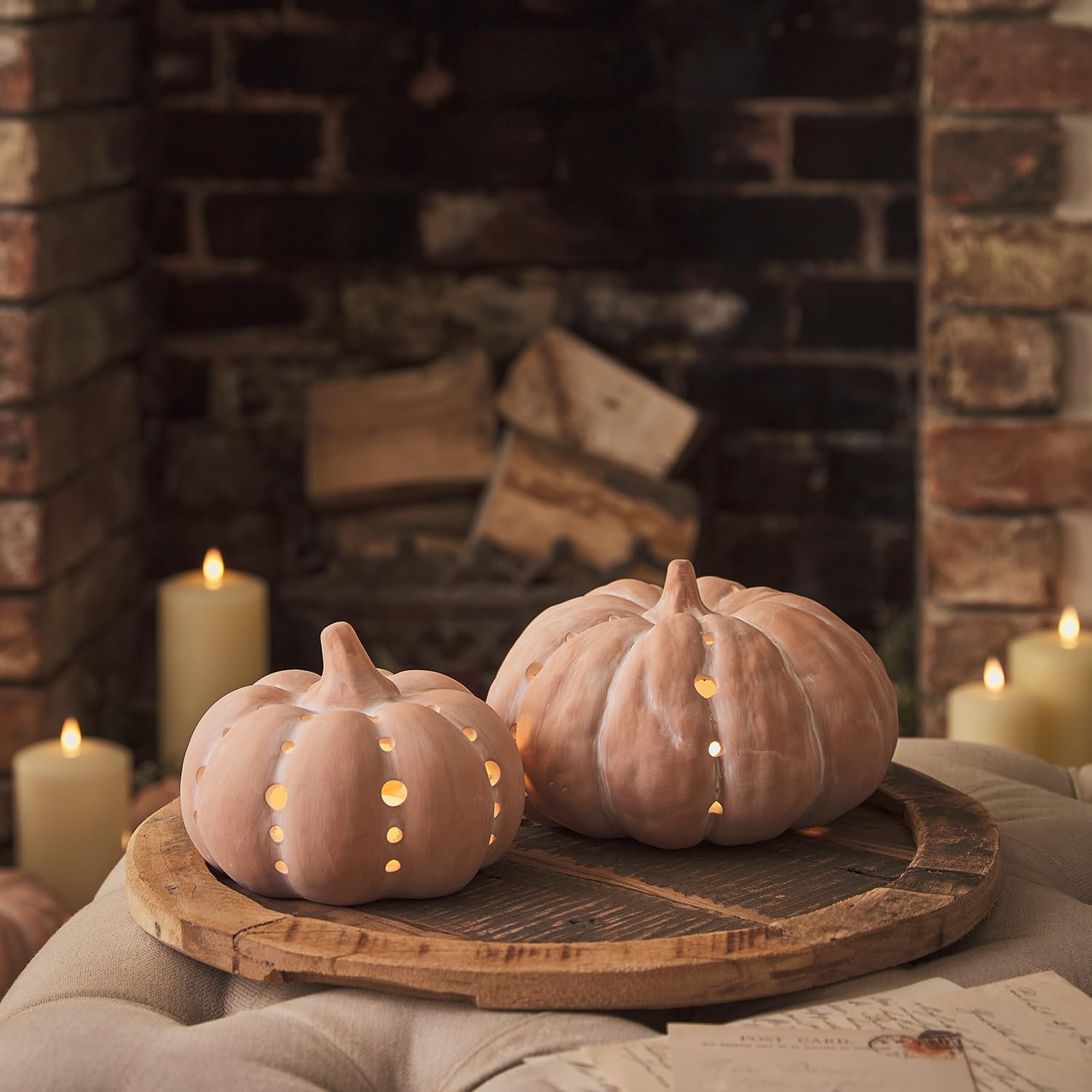 Lights4fun Set of 2 Terracotta Halloween Pumpkin Table Decorations ...
