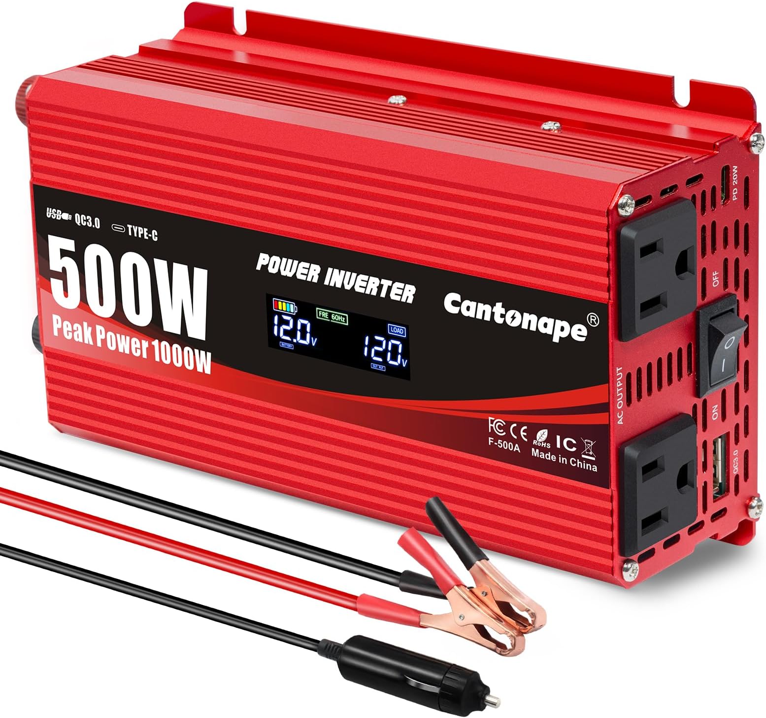 Amazon.com: Cantonape 500W/1000W(Peak) Car Power Inverter DC 12V to ...