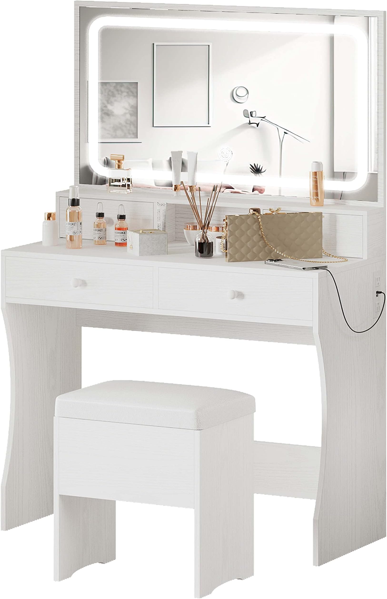 Amazon.com: Vanity Desk with Mirror and Lights, White Makeup Vanity ...