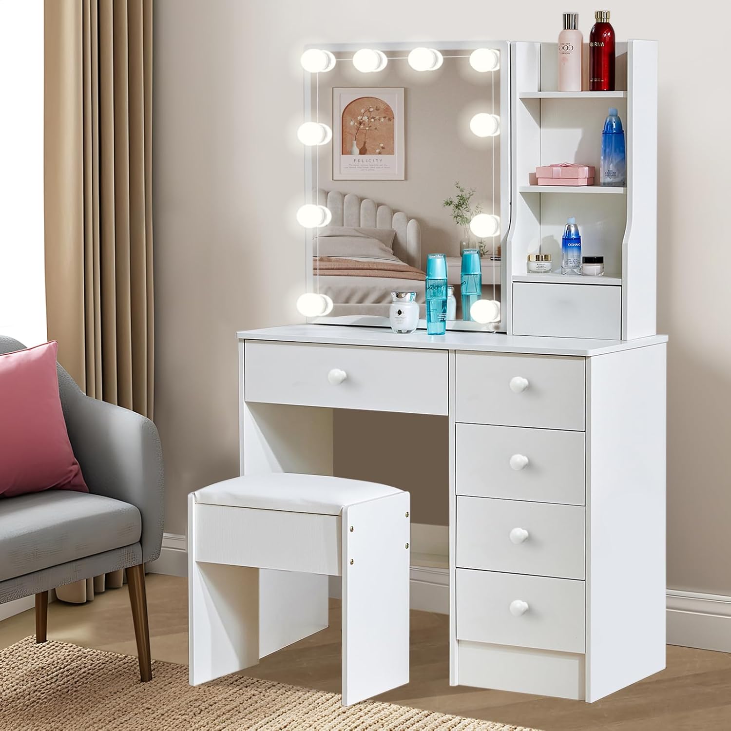 Amazon.com: Vanity Desk with LED Lighted Mirror & Storage Drawers ...