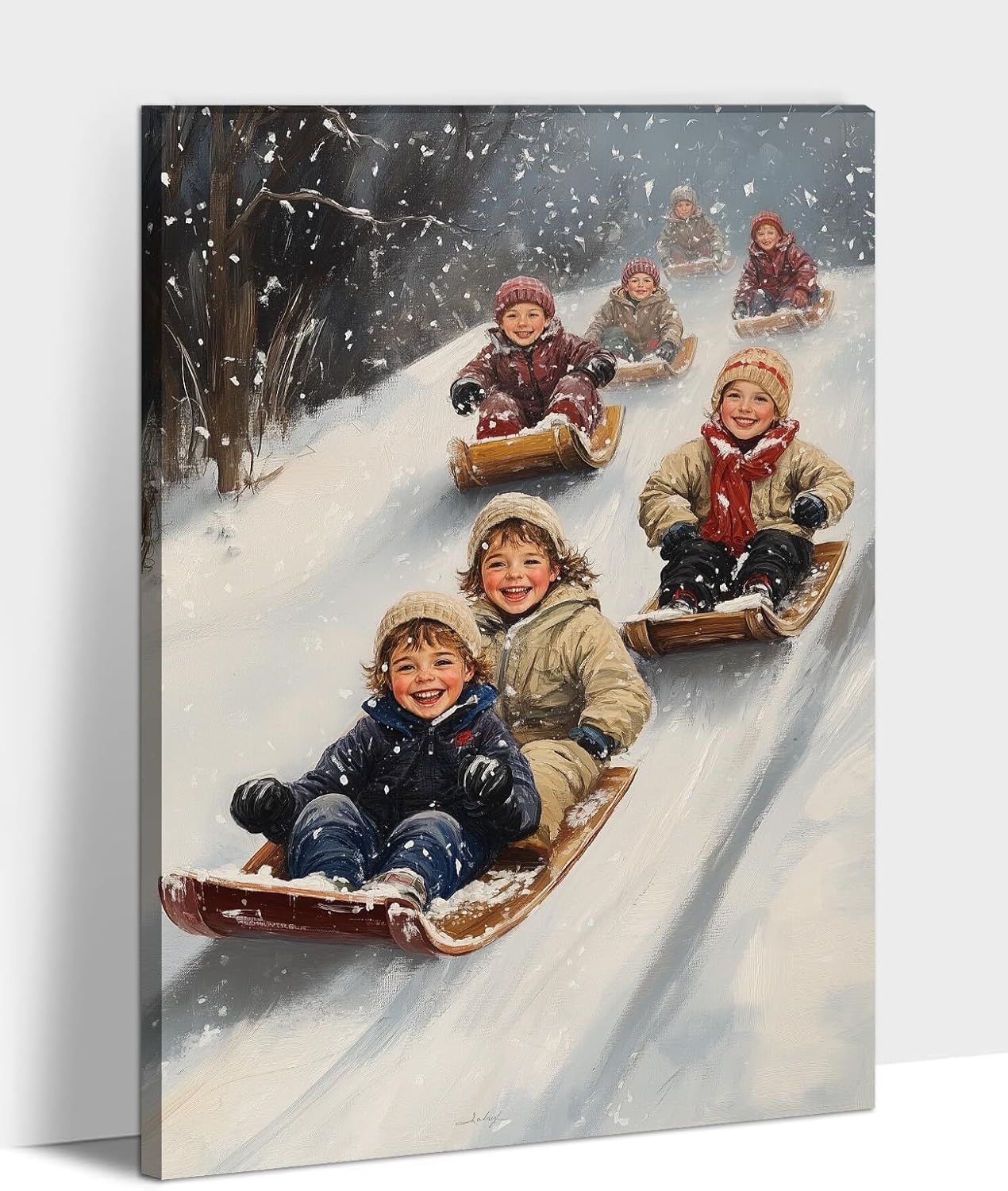 Amazon.com: OLUNMILA Winter Canvas Wall Art Children on Sleds Picture ...