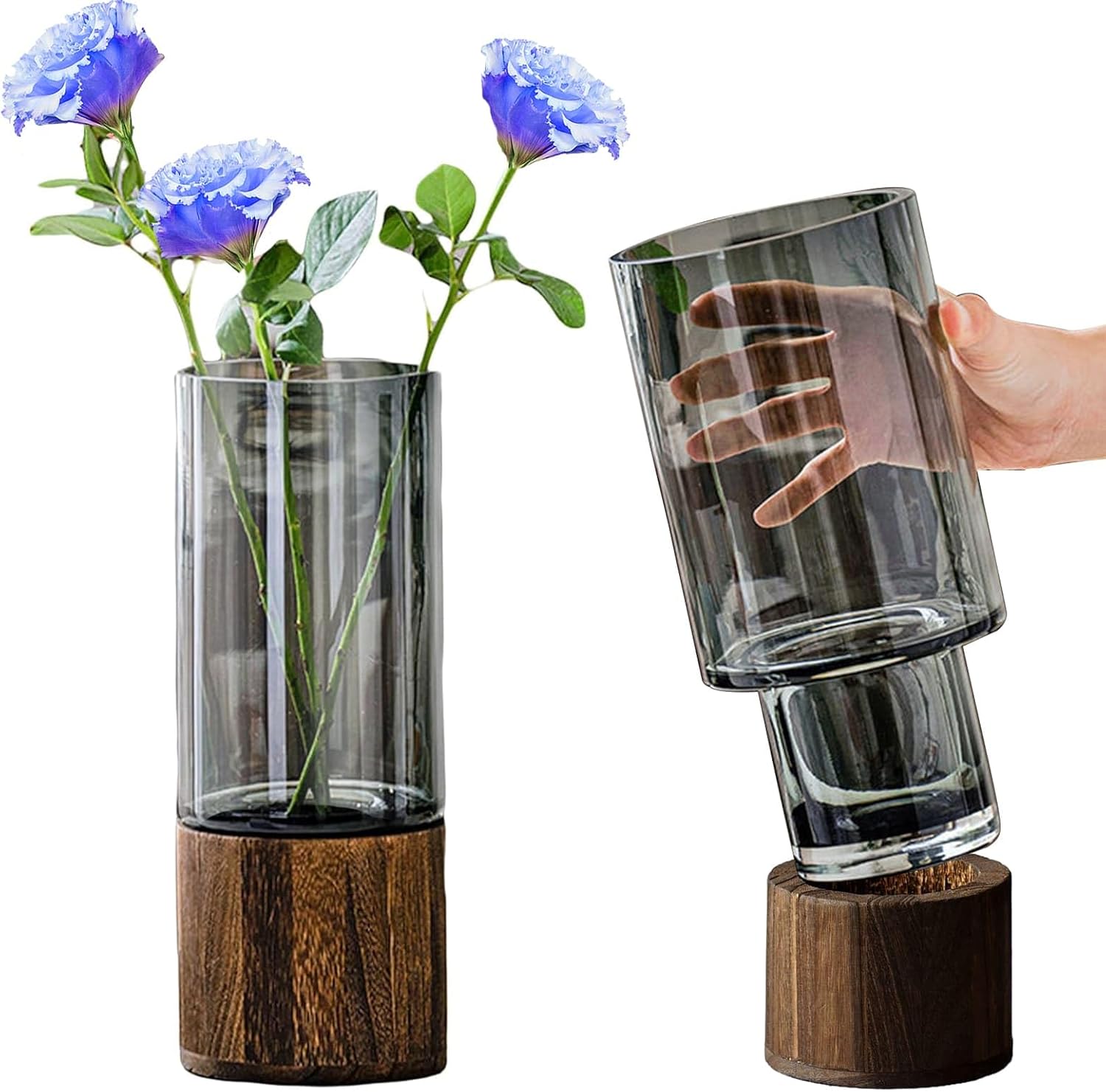 Glass Vase Cylindrical Smoked Grey Flower Vase with Wooden Base Plant ...