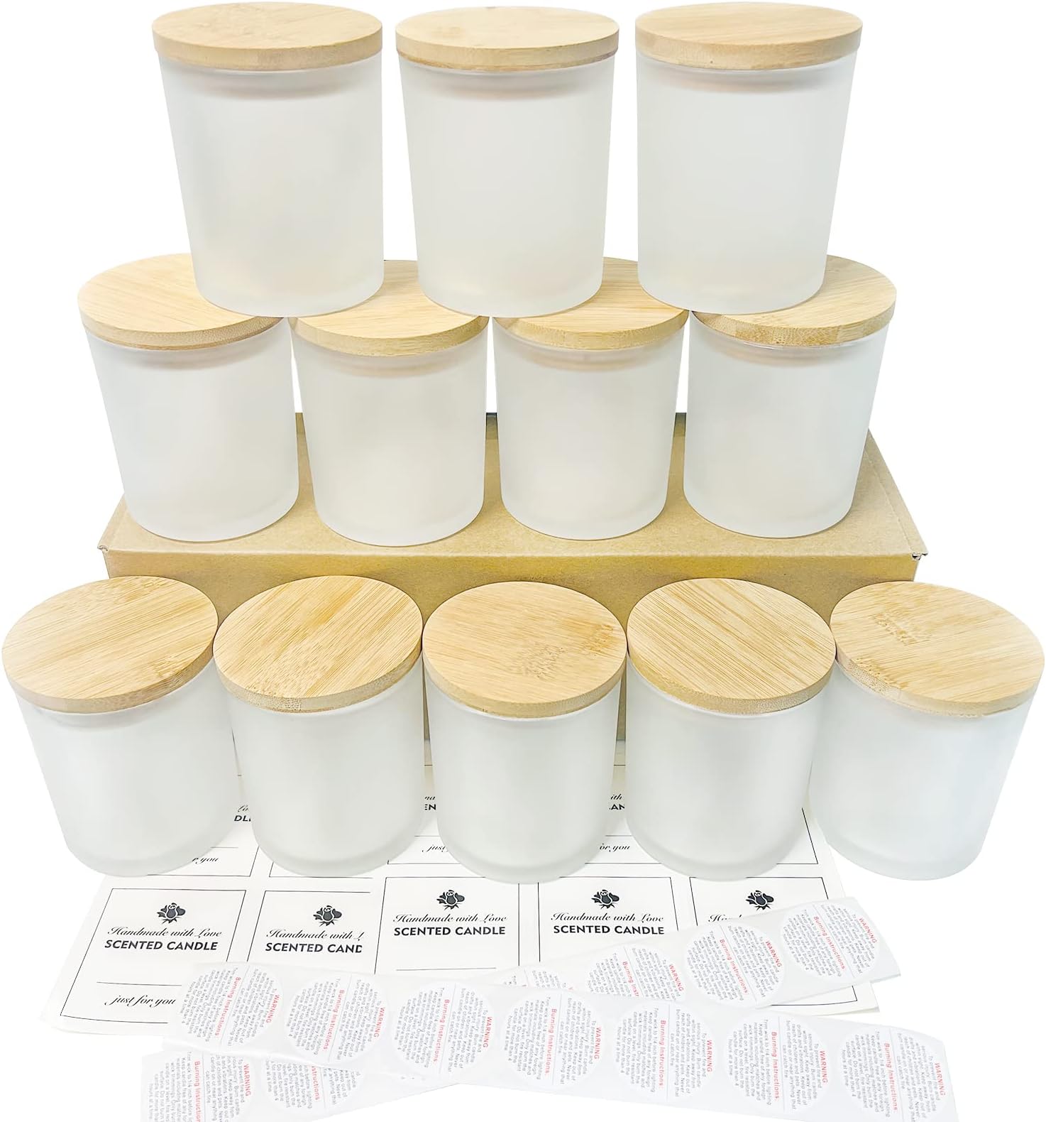 CONNOO 12Pack 10 oz Frosted Glass Candle Jars with Bamboo Lids for ...