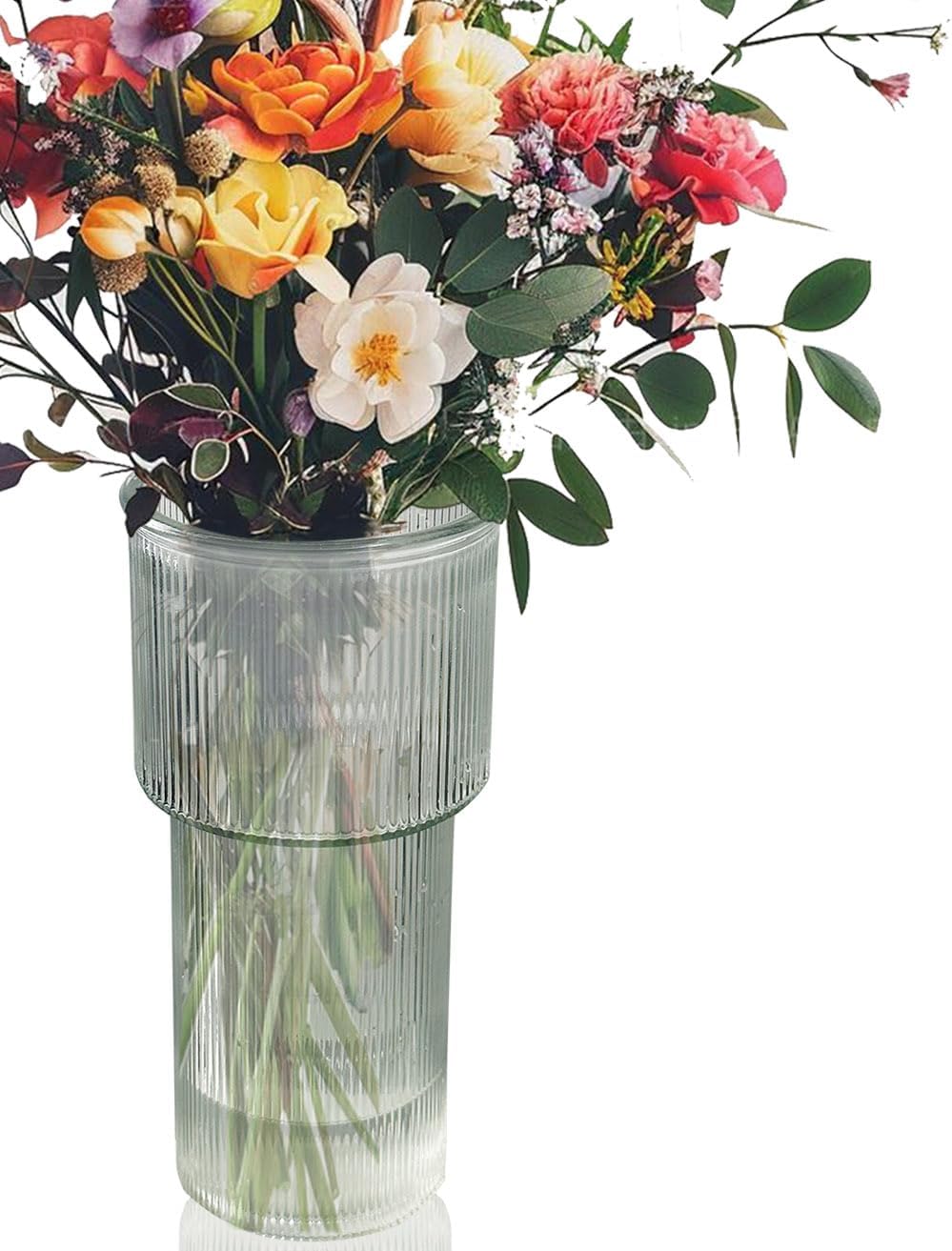 Wrenbury Tulip Vase Ribbed Glass Vase for Flowers 20cm - Textured ...