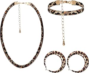 Amazon.com: Leopard Necklace, Earrings, Multilayer Leather Cuff ...