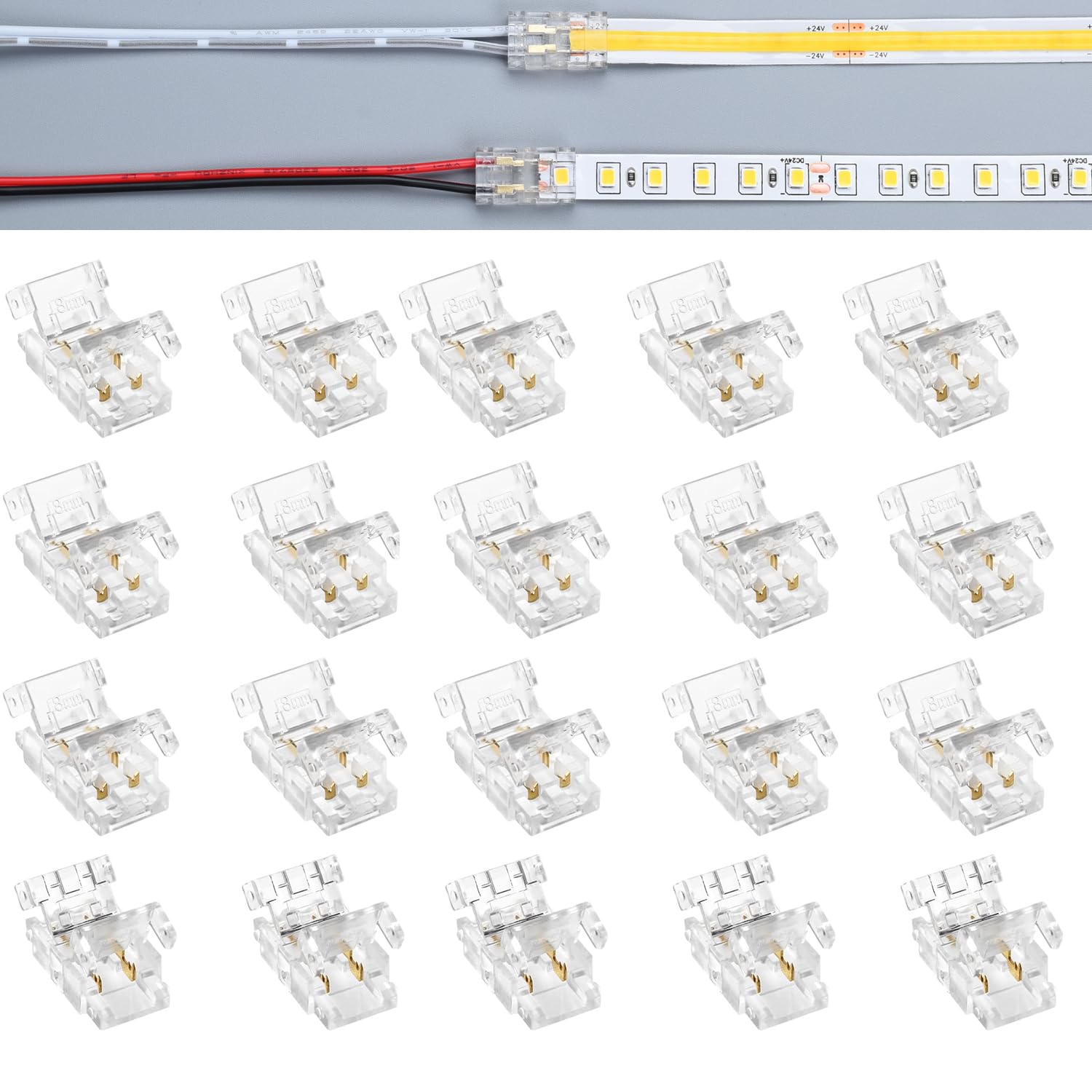 TOKERU 20-Pack LED Strip to Wire Connectors, 2-Pin 8mm Solder-Free ...