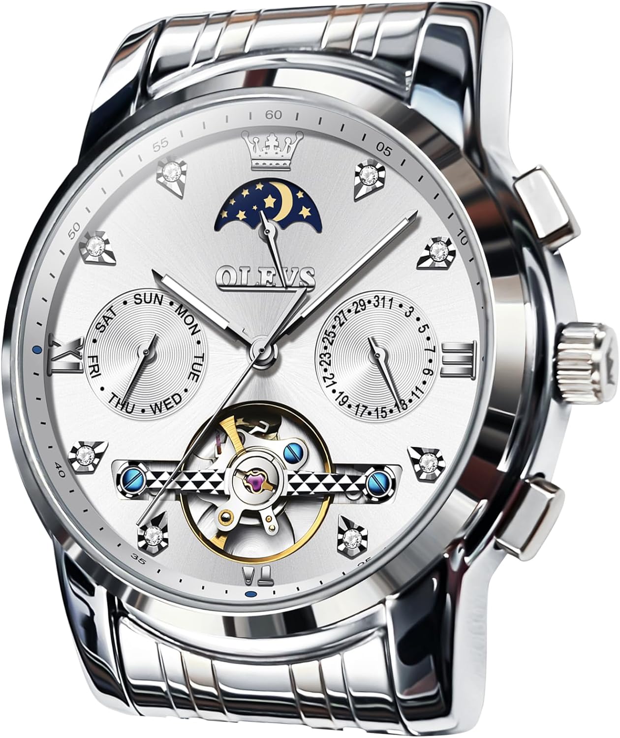 Amazon.com: OLEVS Silver Automatic Watches for Men Waterproof Luxury ...