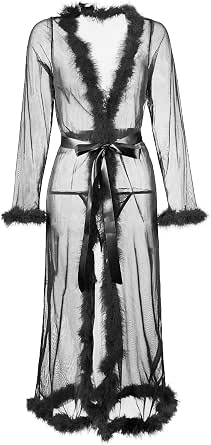 NICEYST Sexy Tulle Feather Illusion Bridal Robe Sheer Mesh Fur Lingerie ...