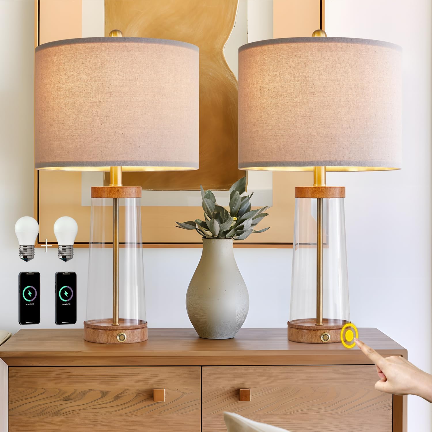 USumkky 24" 3-Way Dimmable Touch Control USB A+C Table Lamp Set of 2 ...
