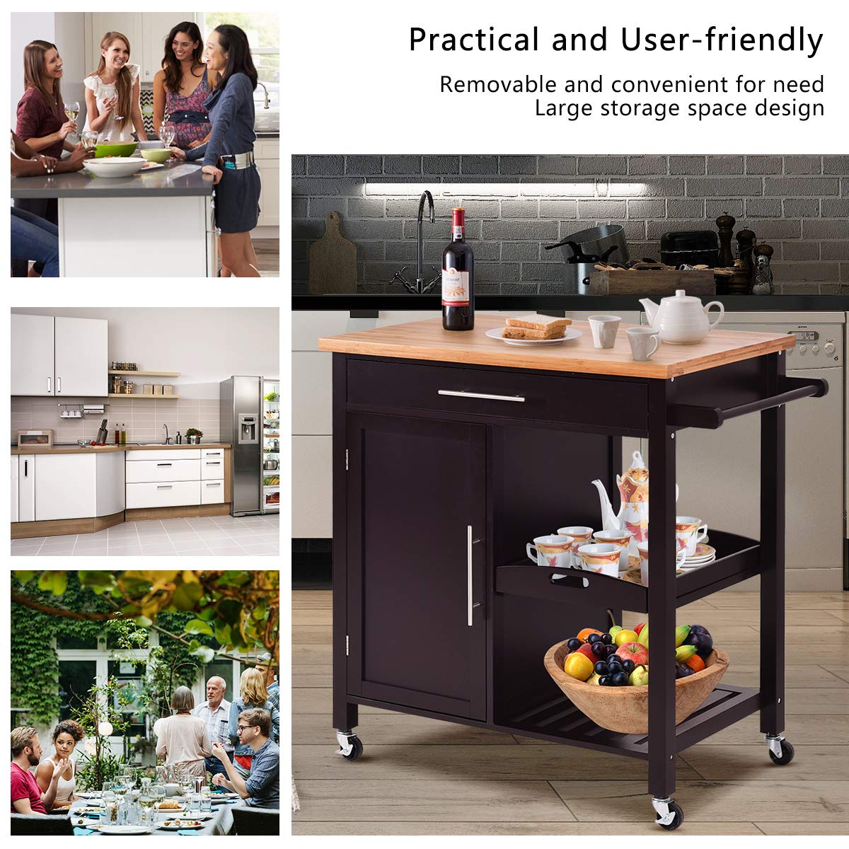 Giantex Kitchen Trolley Cart Wood Rolling Island Cart Home Restaurant ...