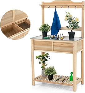 COSTWAY Garden Potting Table, Wooden Potting Bench with Flip-open ...