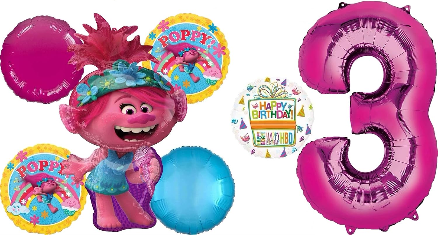 Amazon.com: Poppy World Tour 3rd Birthday Party Supplies Trolls 7pc ...